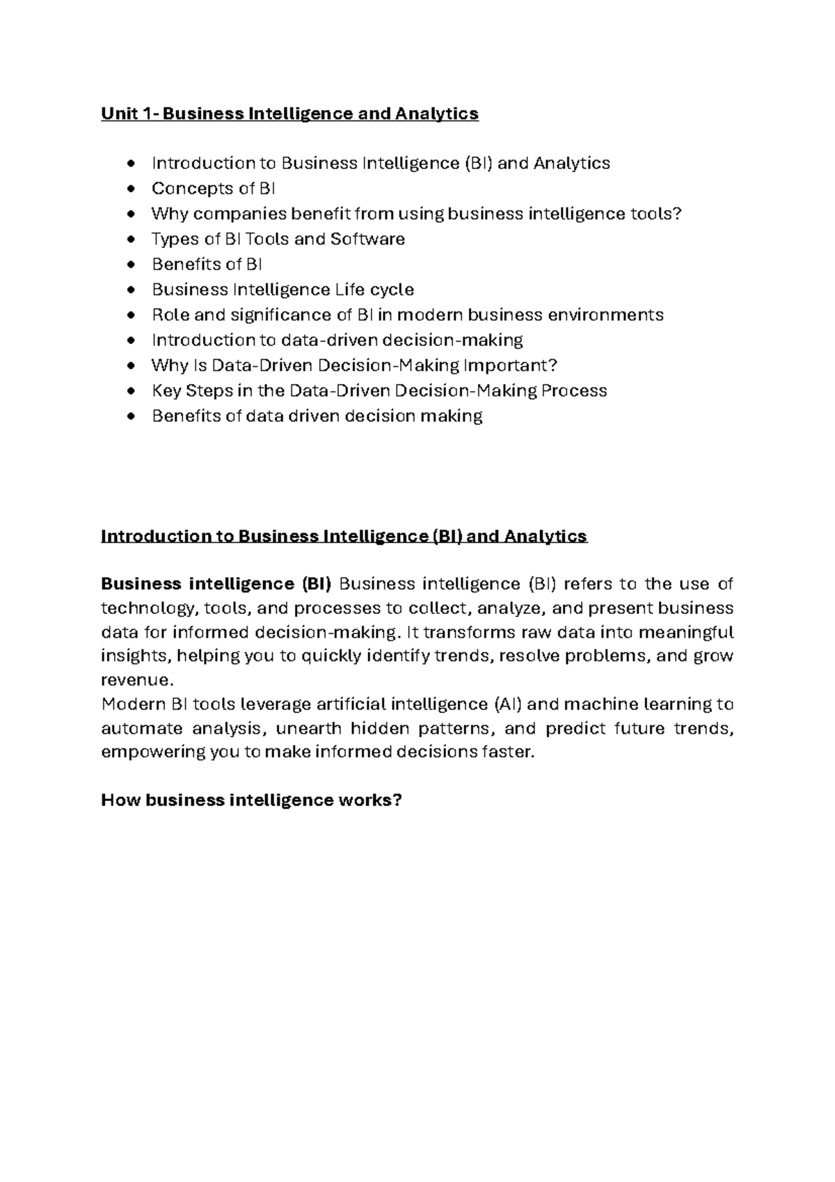 Business Intelligence Analytics - Unit 1- Business Intelligence and ...
