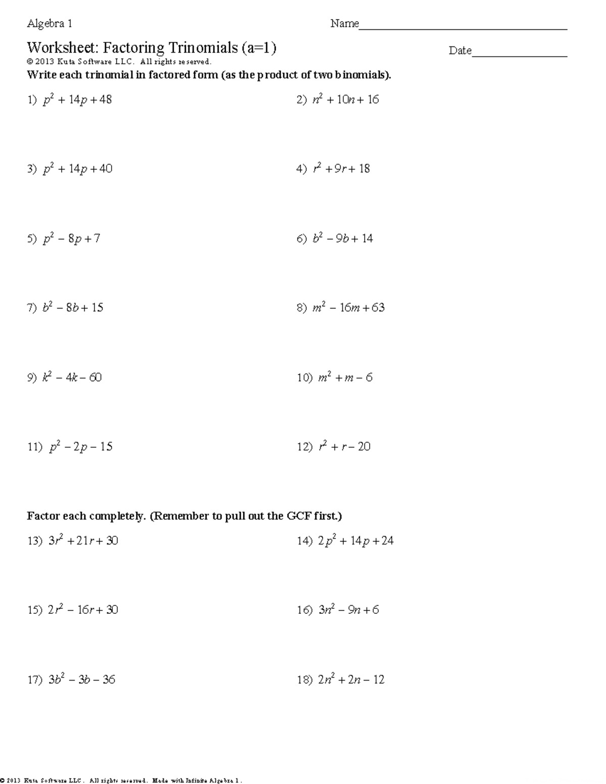 Factoring trinomials a ia 1 worksheet 1 - ©C k 2 f 0 u 1 p 3 D w Kr u U ...