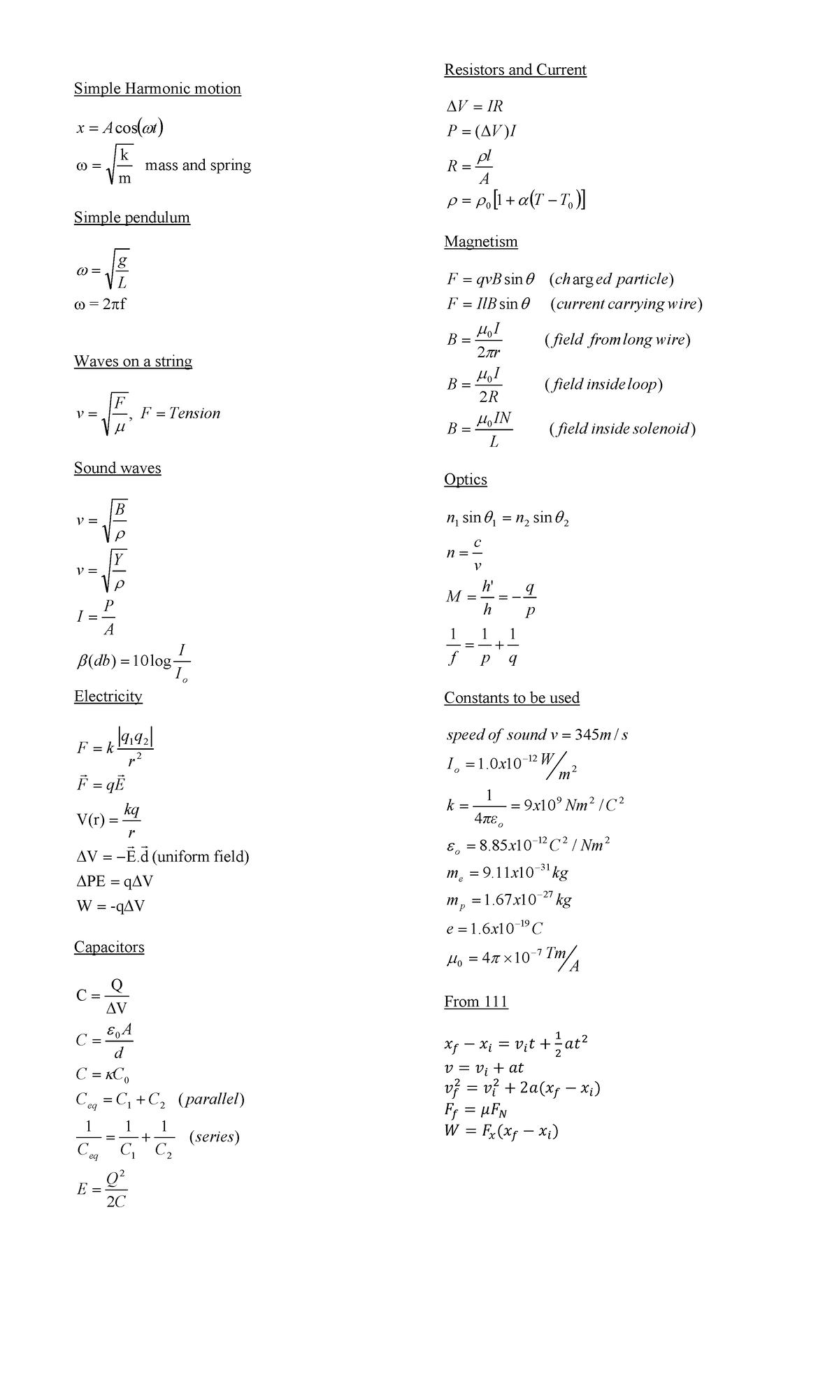 Equation sheet - Simple Harmonic motion x Acos t k m mass and spring ...