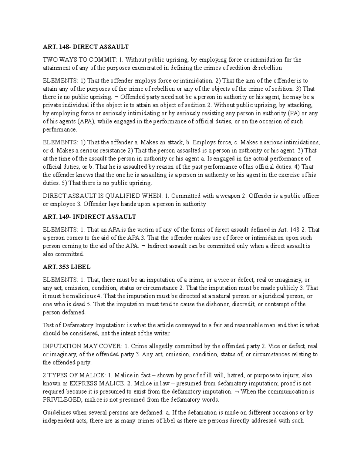 criminal law assignment - ART. 148- DIRECT ASSAULT TWO WAYS TO COMMIT ...