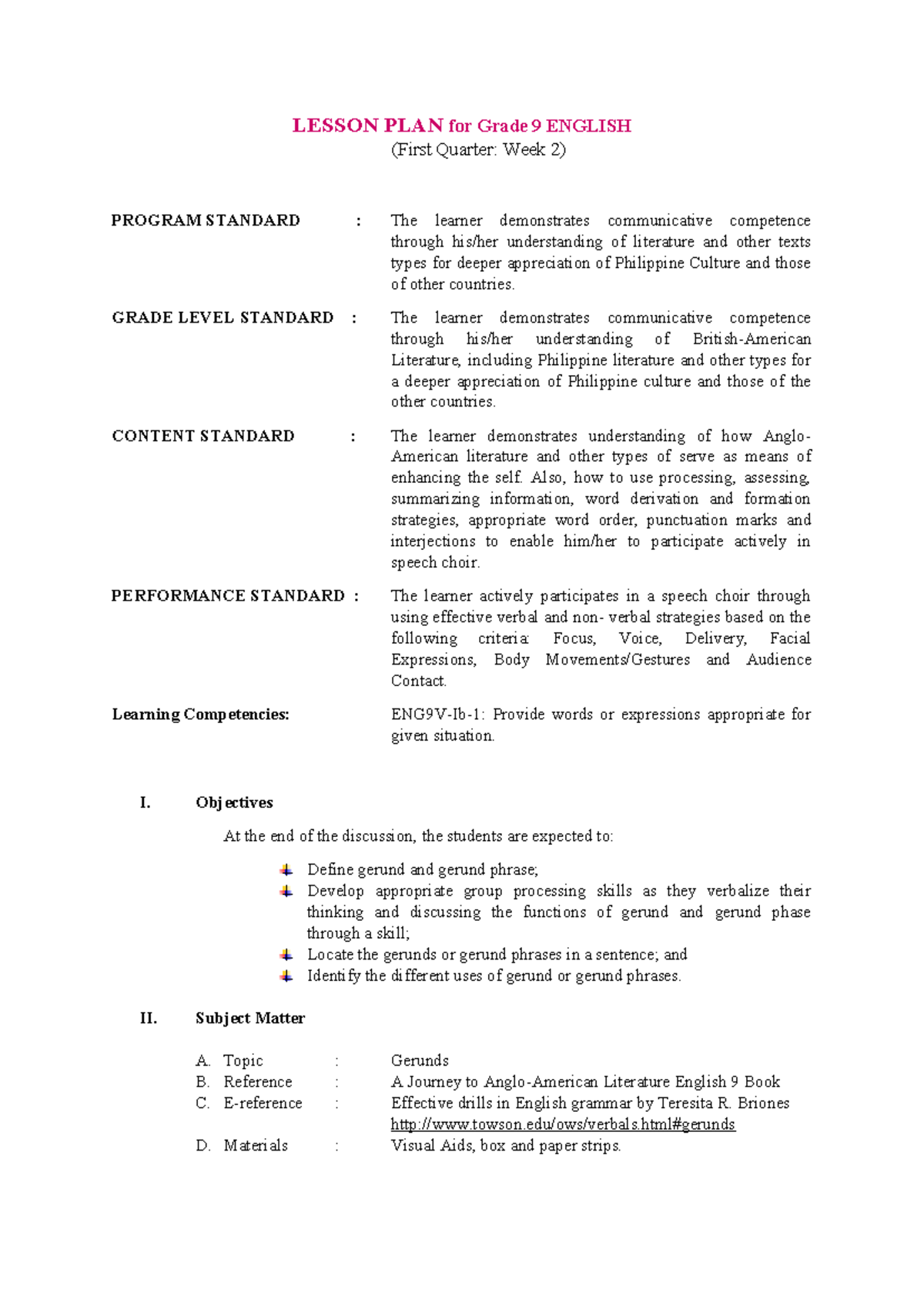 Lesson plan final - credits - LESSON PLAN for Grade 9 ENGLISH (First ...