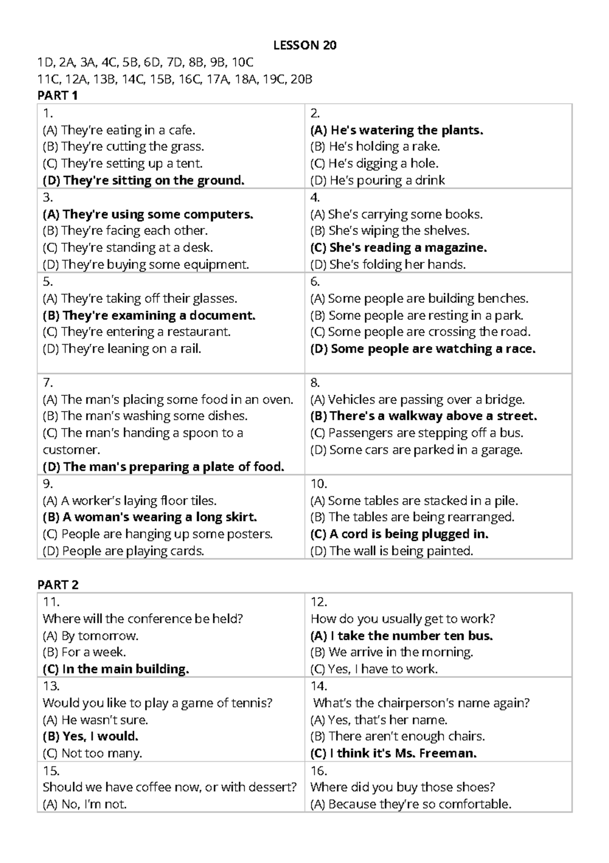 Lesson 20 - anh toeic - LESSON 20 1D, 2A, 3A, 4C, 5B, 6D, 7D, 8B, 9B ...