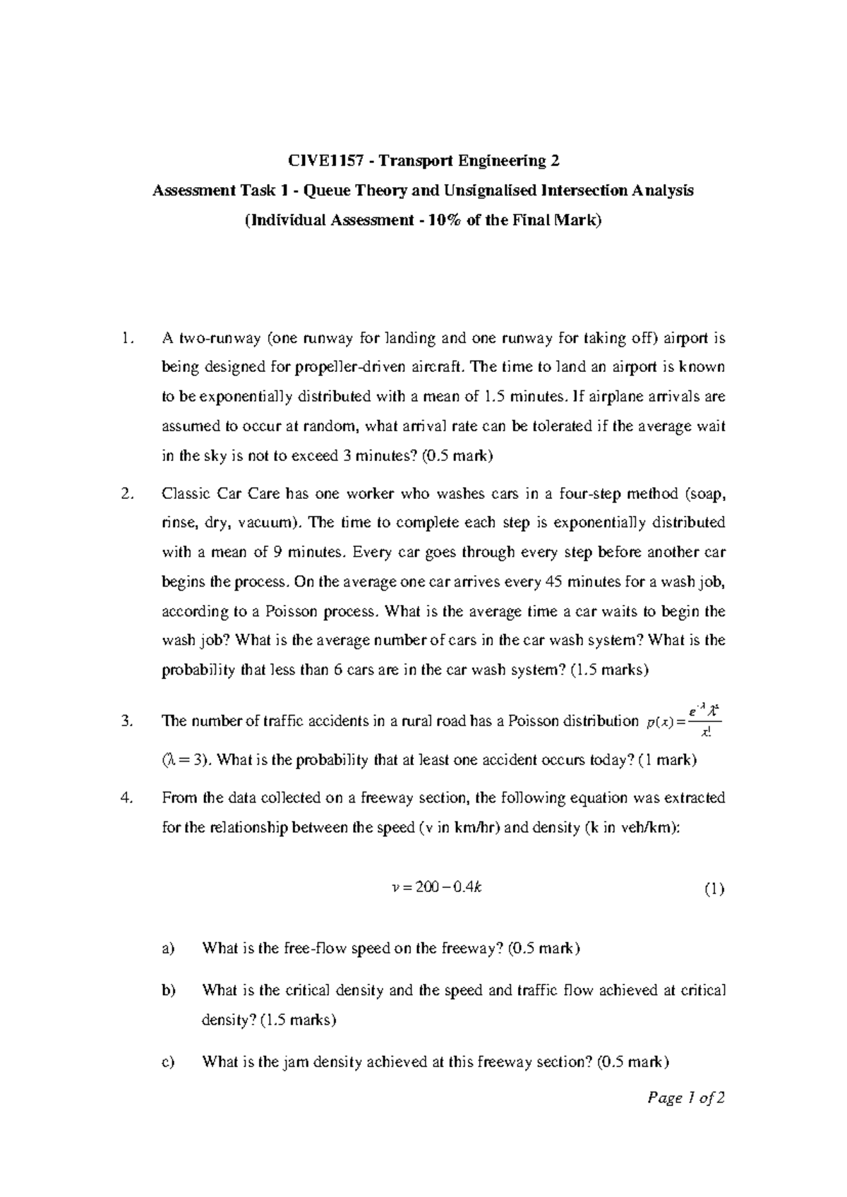 Assessment Task 1 - Page 1 of 2 CIVE1157 - Transport Engineering 2 ...