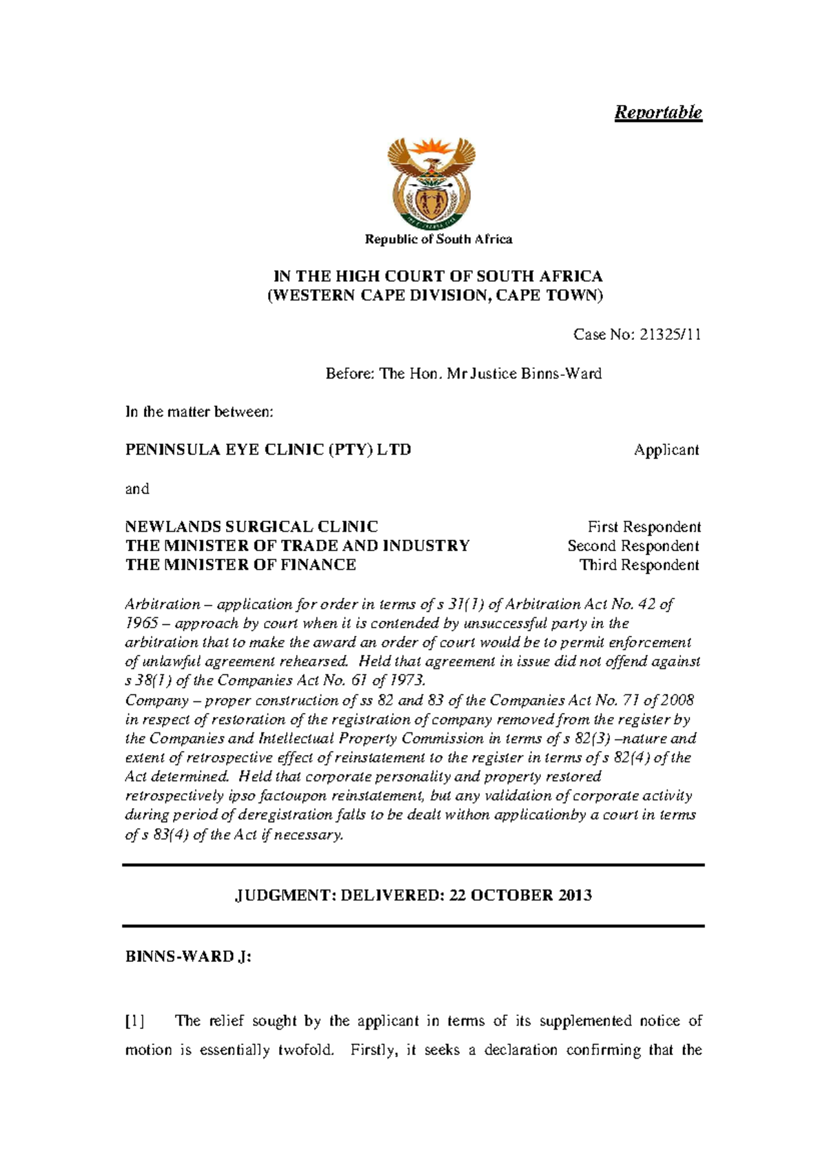Peninsula - Reportable Republic of South Africa IN THE HIGH COURT OF ...