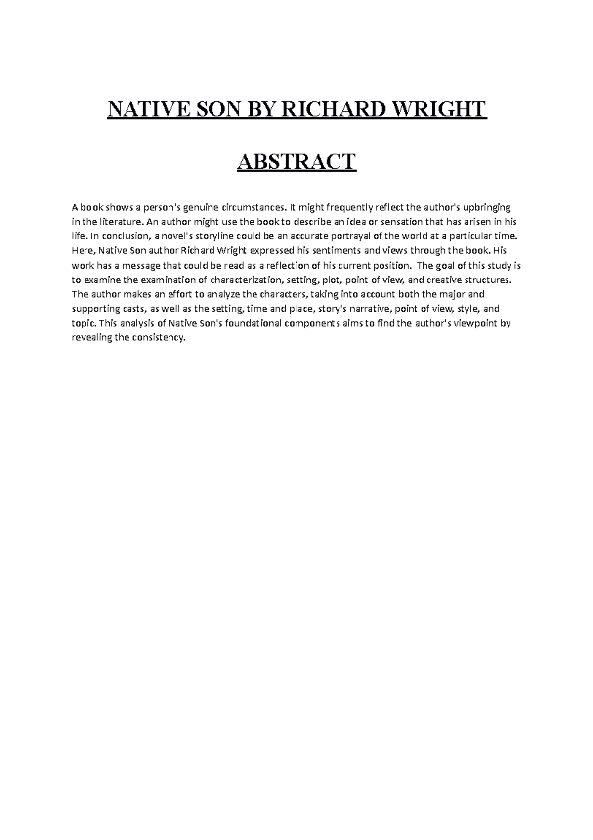 Abstract - NATIVE SON BY RICHARD WRIGHT ABSTRACT A book shows a person ...