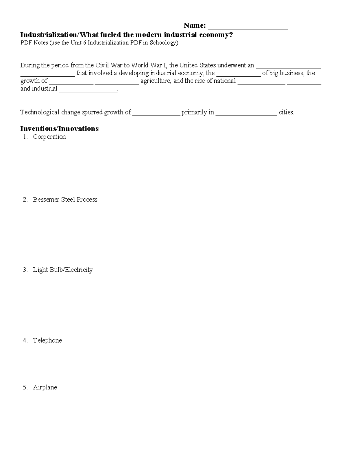 Unit 6 Industrialization Notes Handout - Name ...