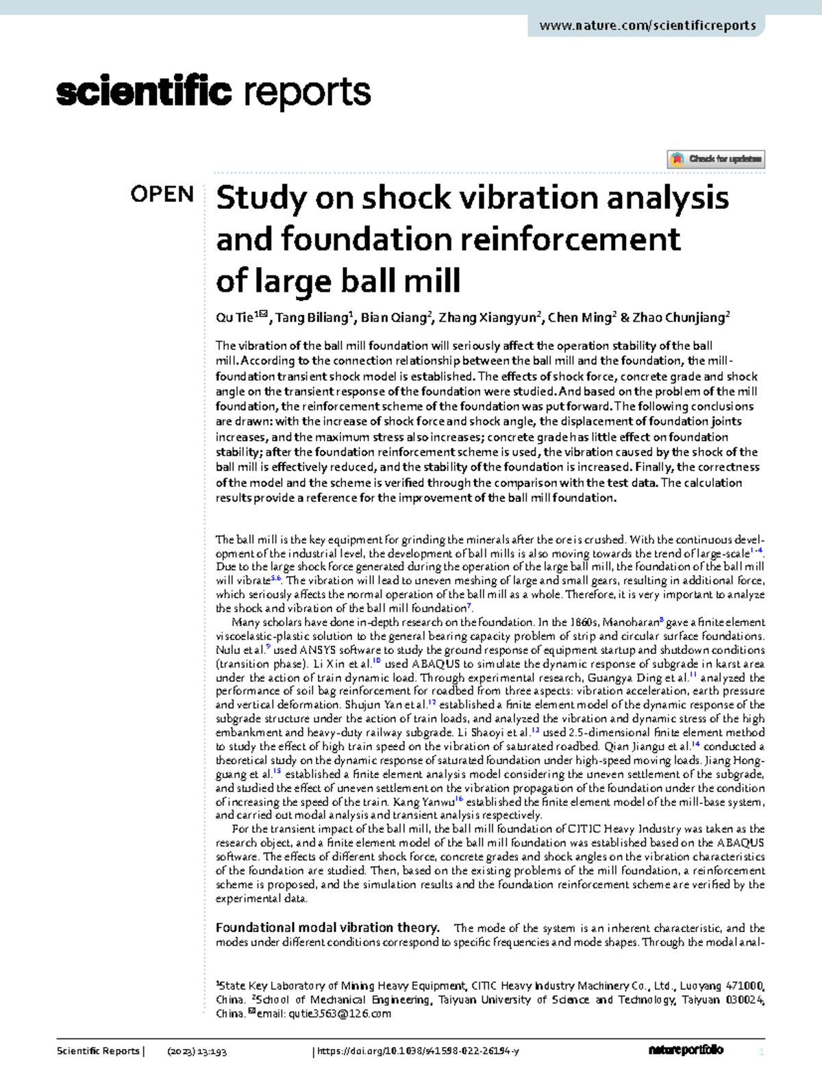 Study on shock vibration analysis and foundation reinforcement of large ...