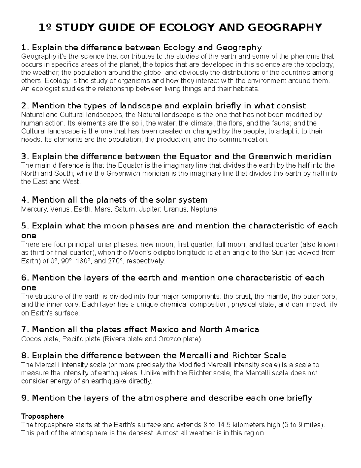 1º Study Guide OF Ecology AND Geography - 1º STUDY GUIDE OF ECOLOGY AND ...