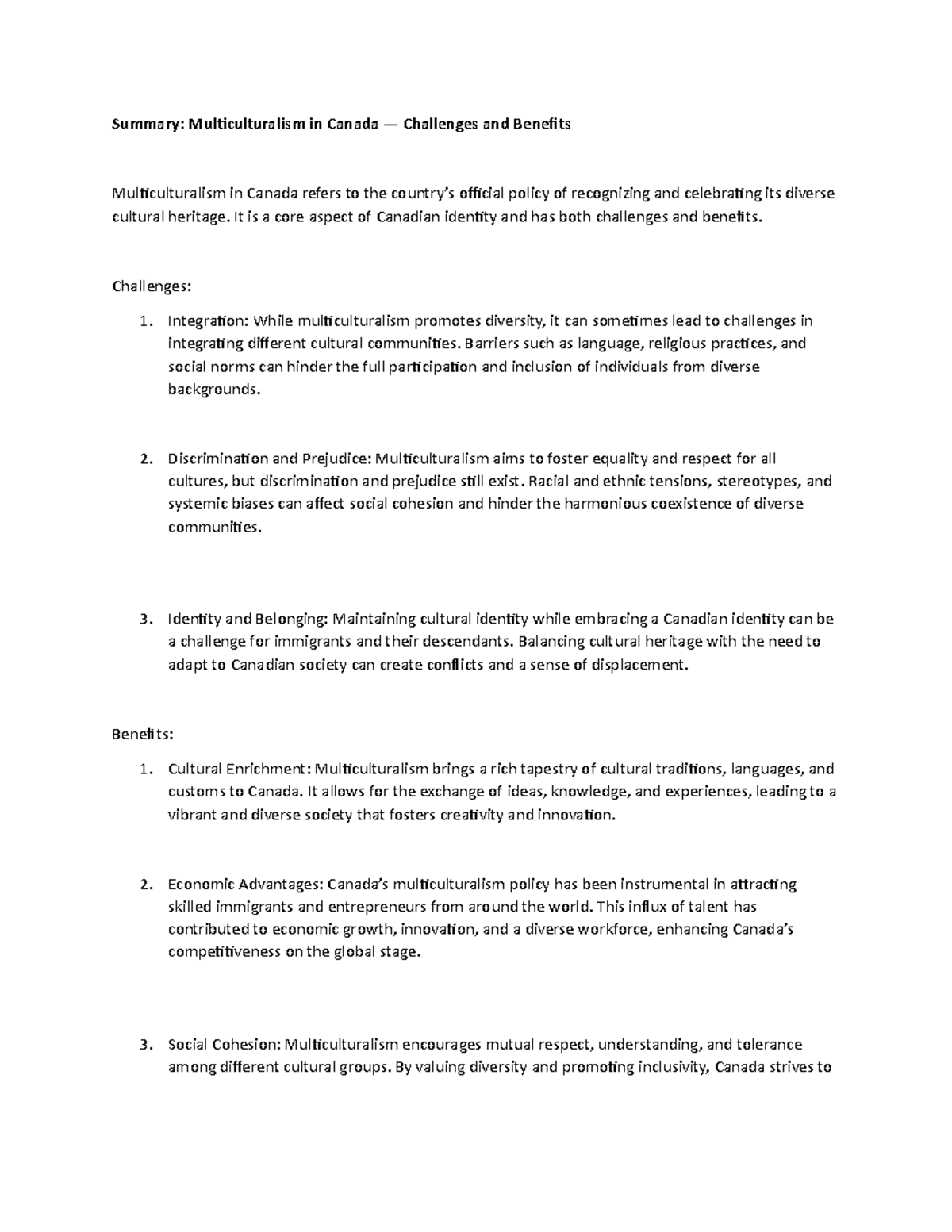 Summary: Multiculturalism in Canada — Challenges and Benefits - It is a ...