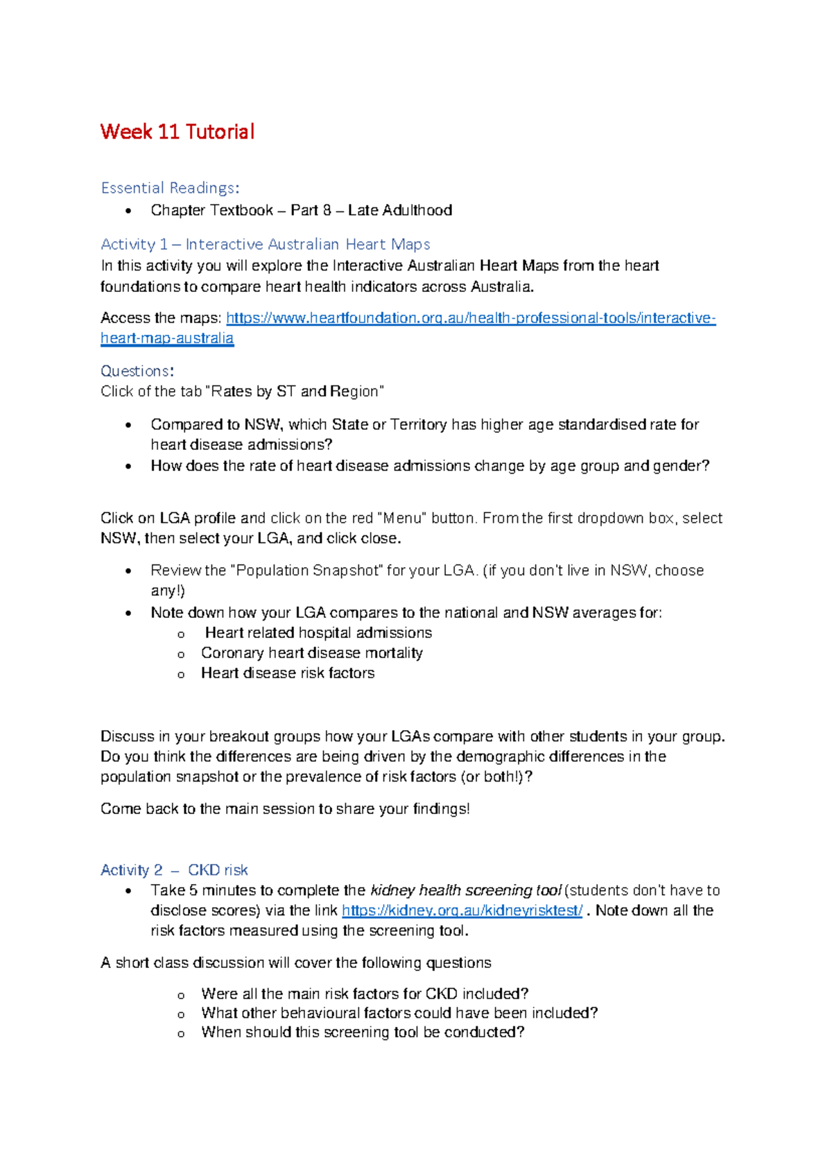 Week 11- Worksheet - Class work and activities on CVD (cardiovascular ...