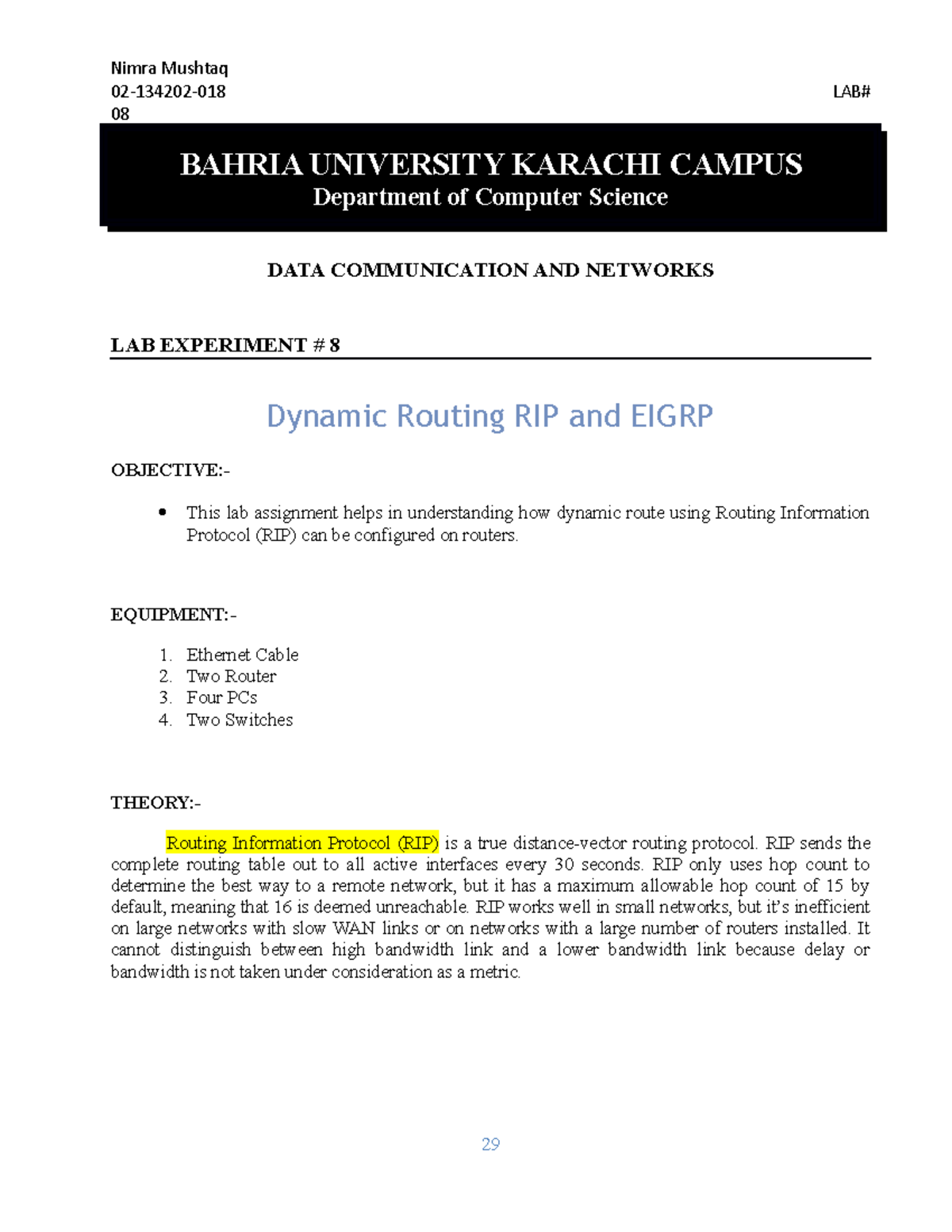 DCN-Lab08-RIP - Routing Method - 02-134202-018 LAB# 08 BAHRIA ...
