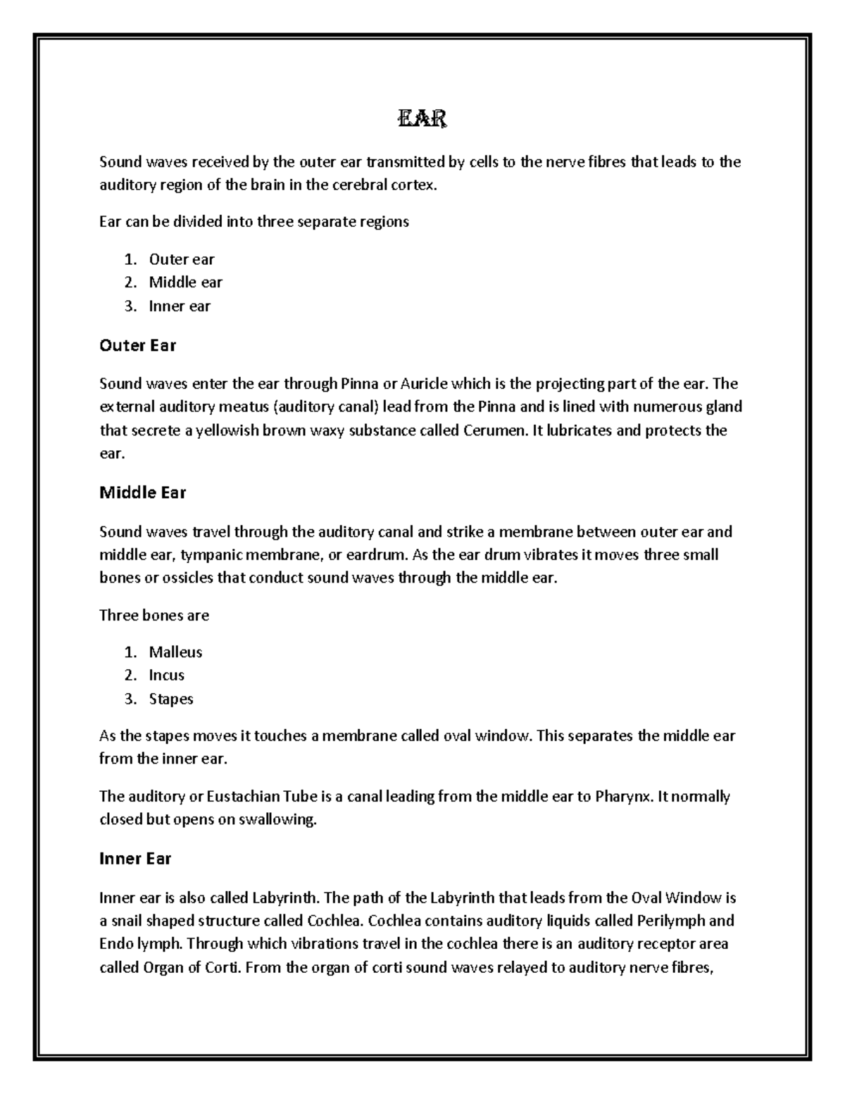 EAR - #Biology#science - EAR Sound waves received by the outer ear ...