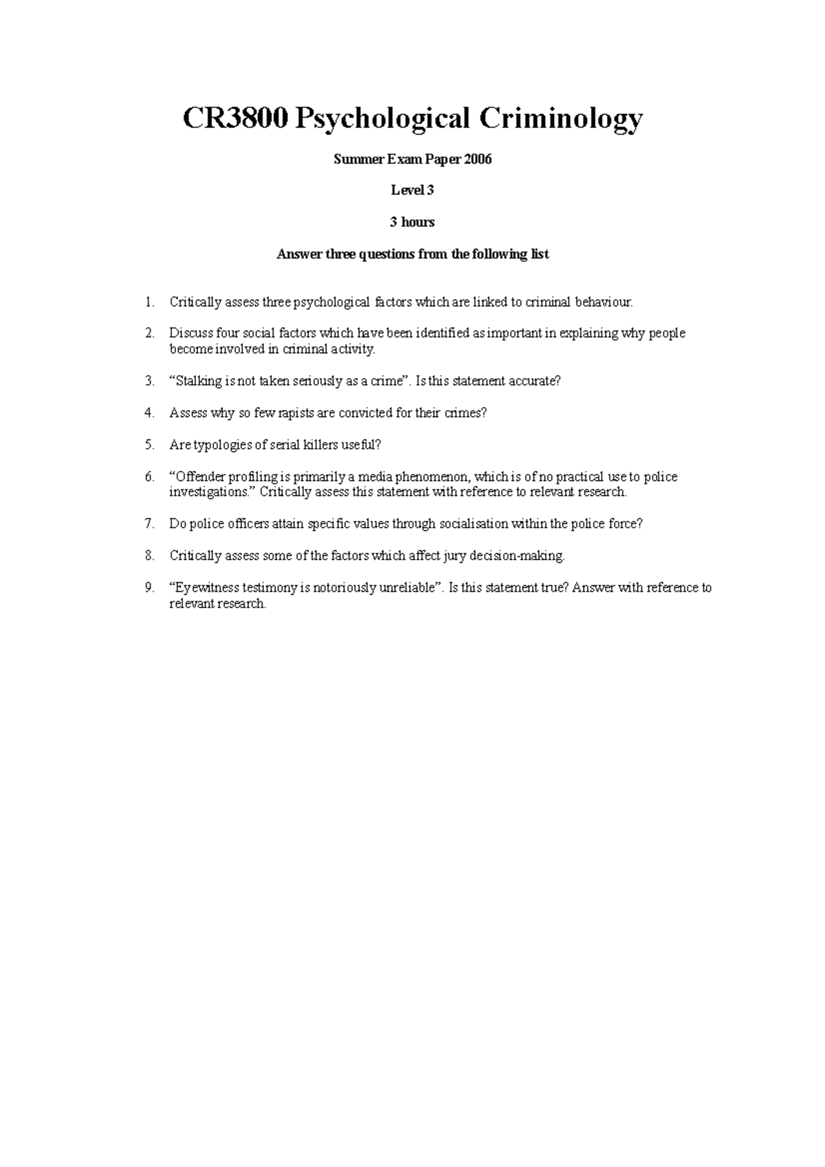 Past psych crim exam papers - Summer Exam Paper 2006 Level 3 3 hours ...