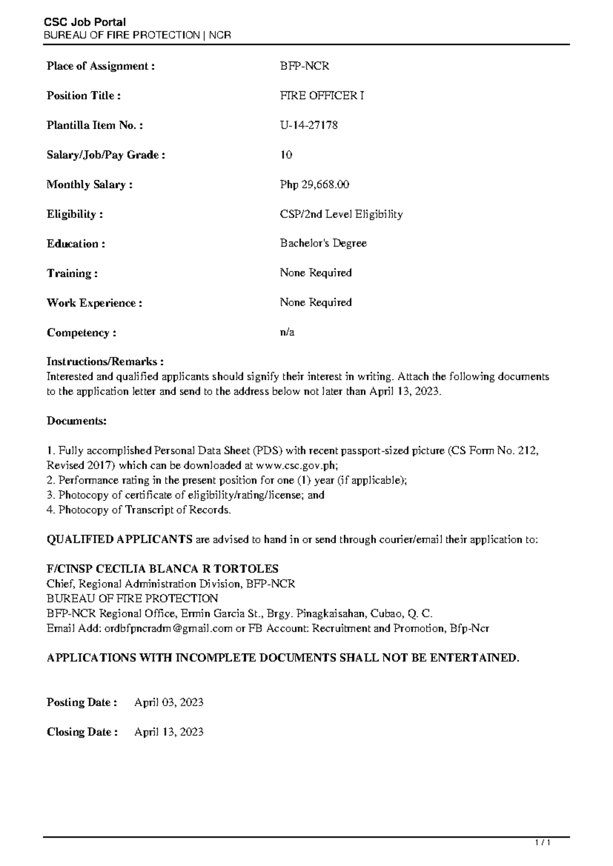 Bureau OF FIRE Protection-FIRE Officer I - CSC Job Portal BUREAU OF ...