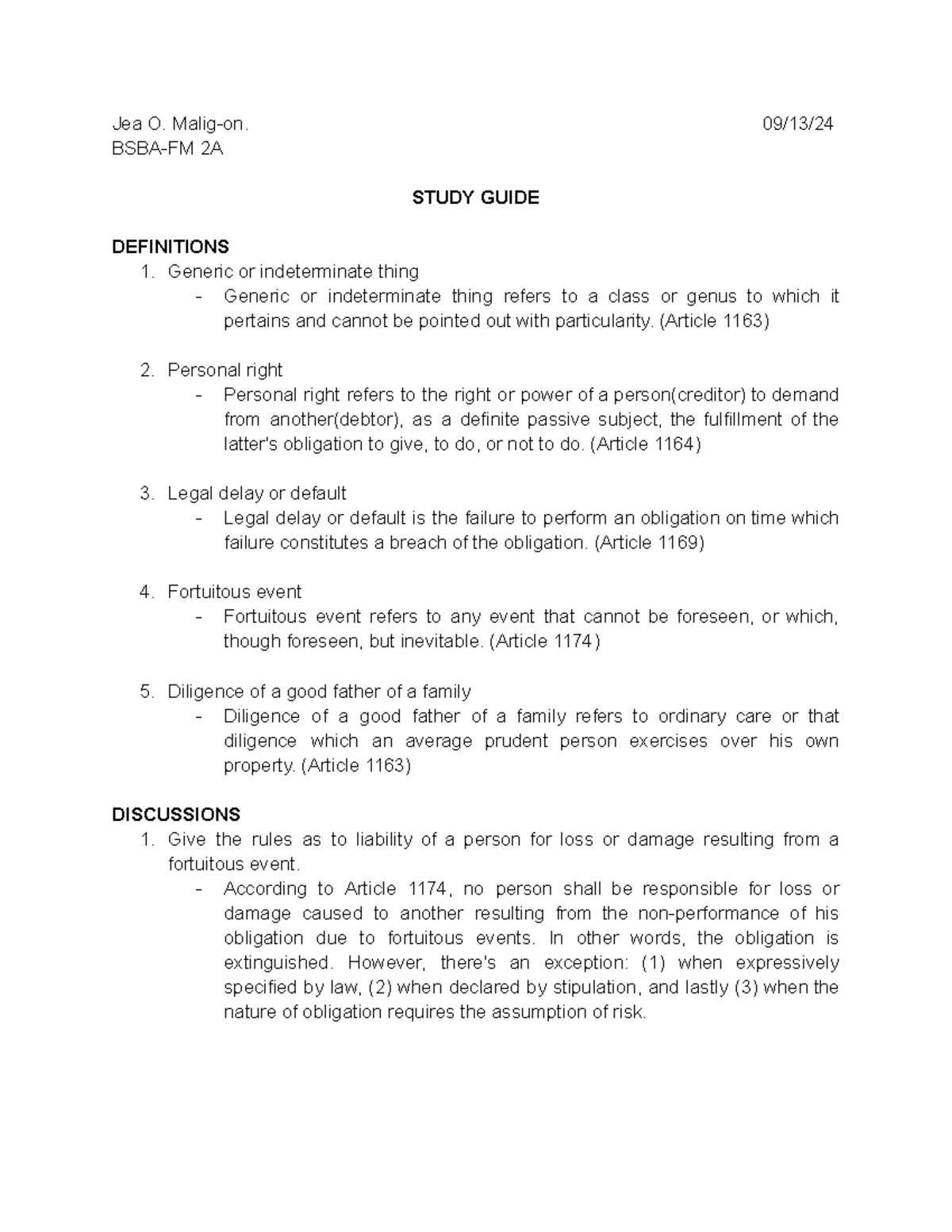Malig-ON, JEA Study Guide 2 - Jea O. Malig-on. 09/13/ BSBA-FM 2A STUDY ...
