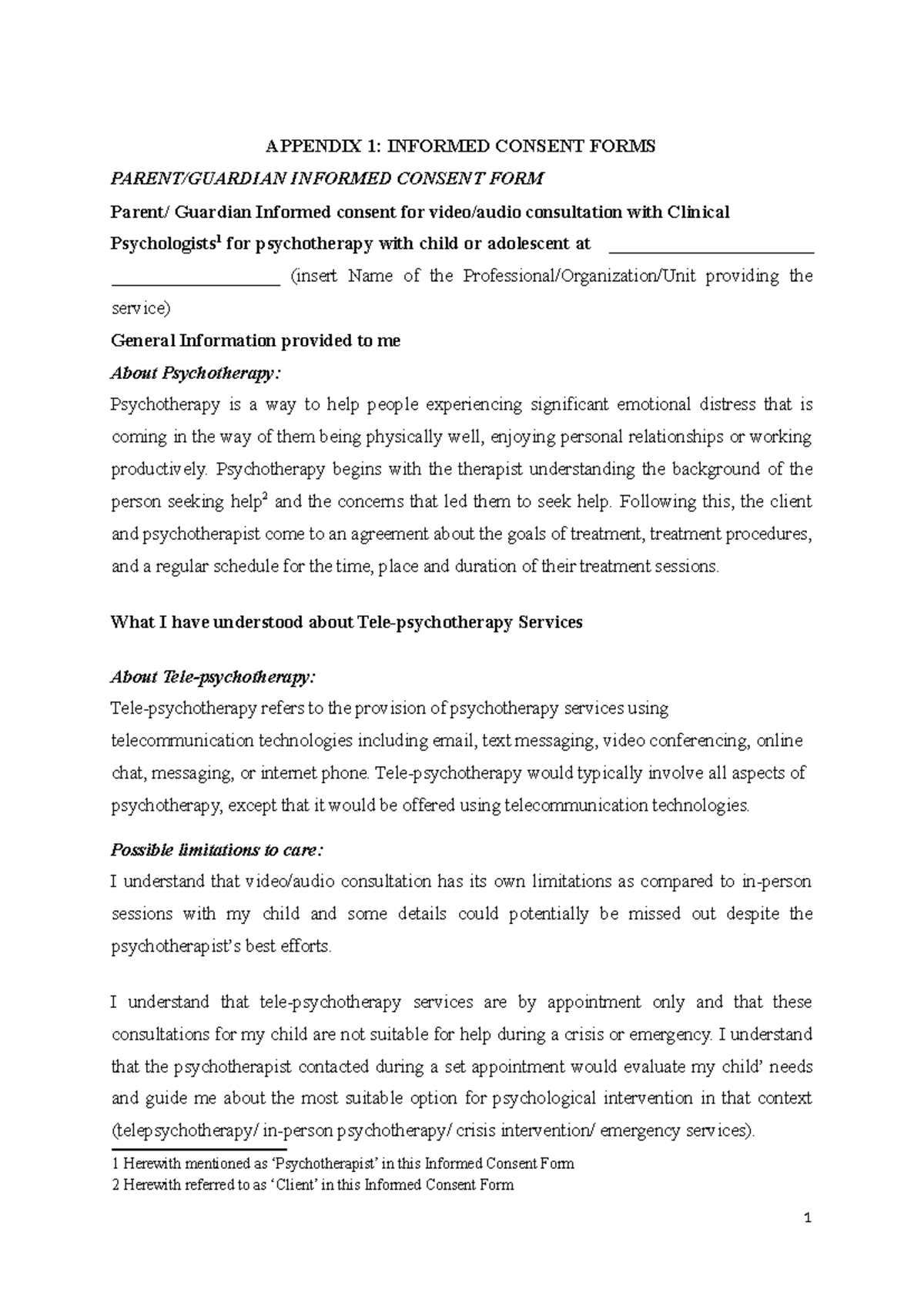 Consent form - APPENDIX 1: INFORMED CONSENT FORMS PARENT/GUARDIAN ...