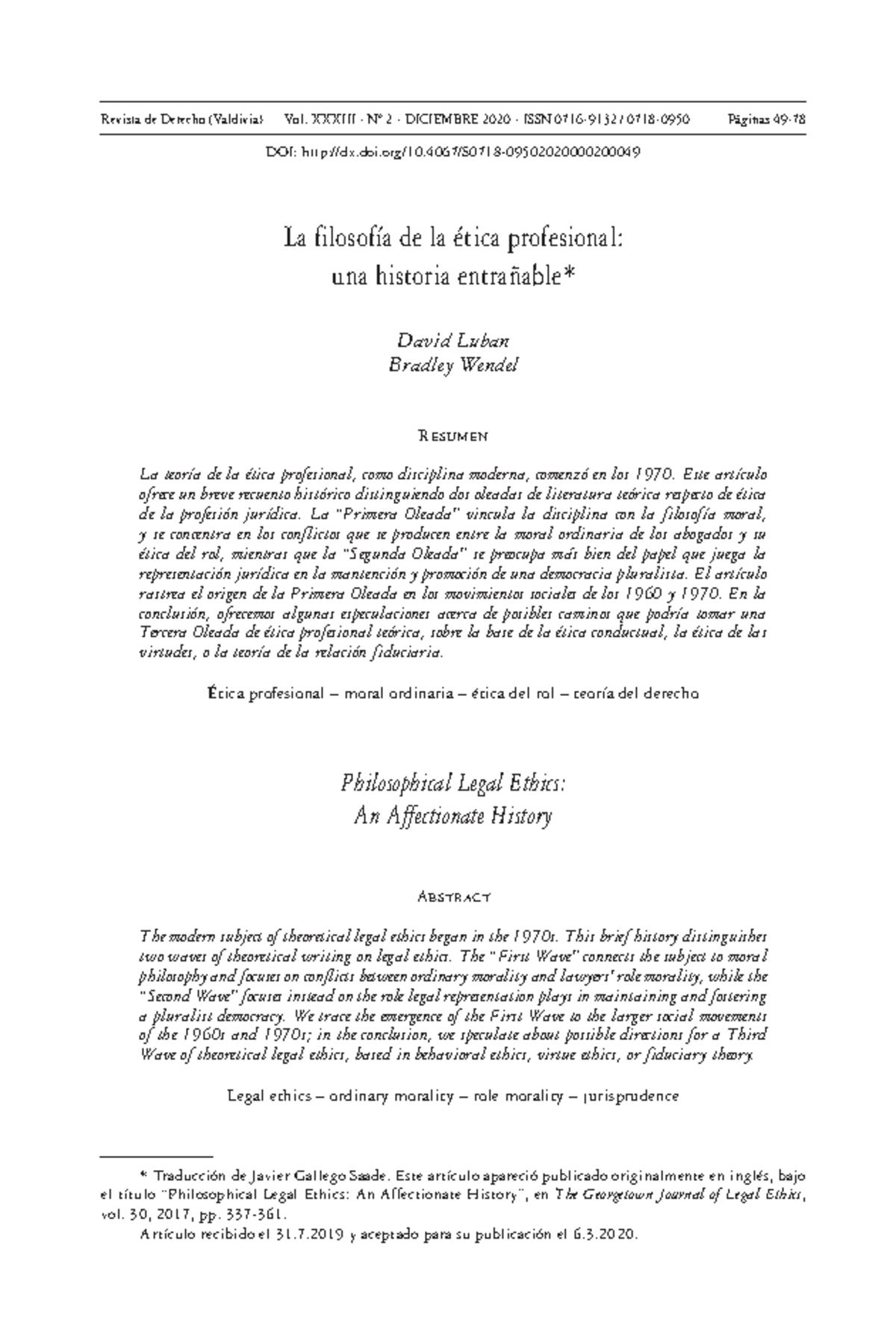 Luban-Wendel Filosofía de la Ética Profesional - 2020 Revista de ...
