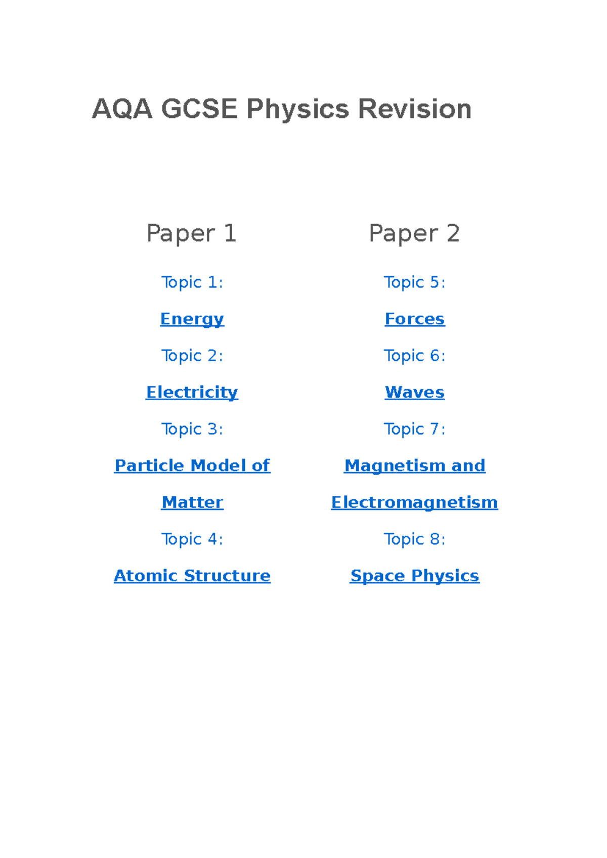AQA GCSE Physics Revision cover - Paper 1 Topic 1: Energy Topic 2 ...