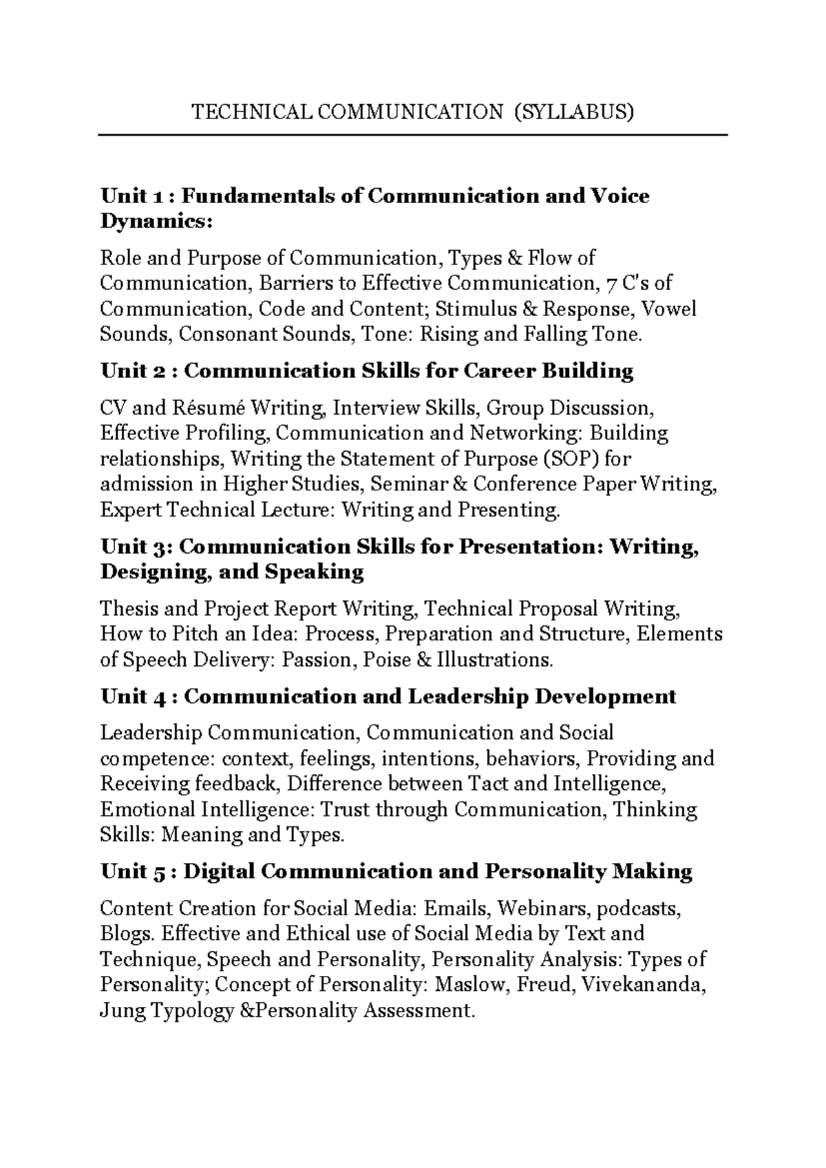 Technical Communication Syllabus - TECHNICAL COMMUNICATION (SYLLABUS ...