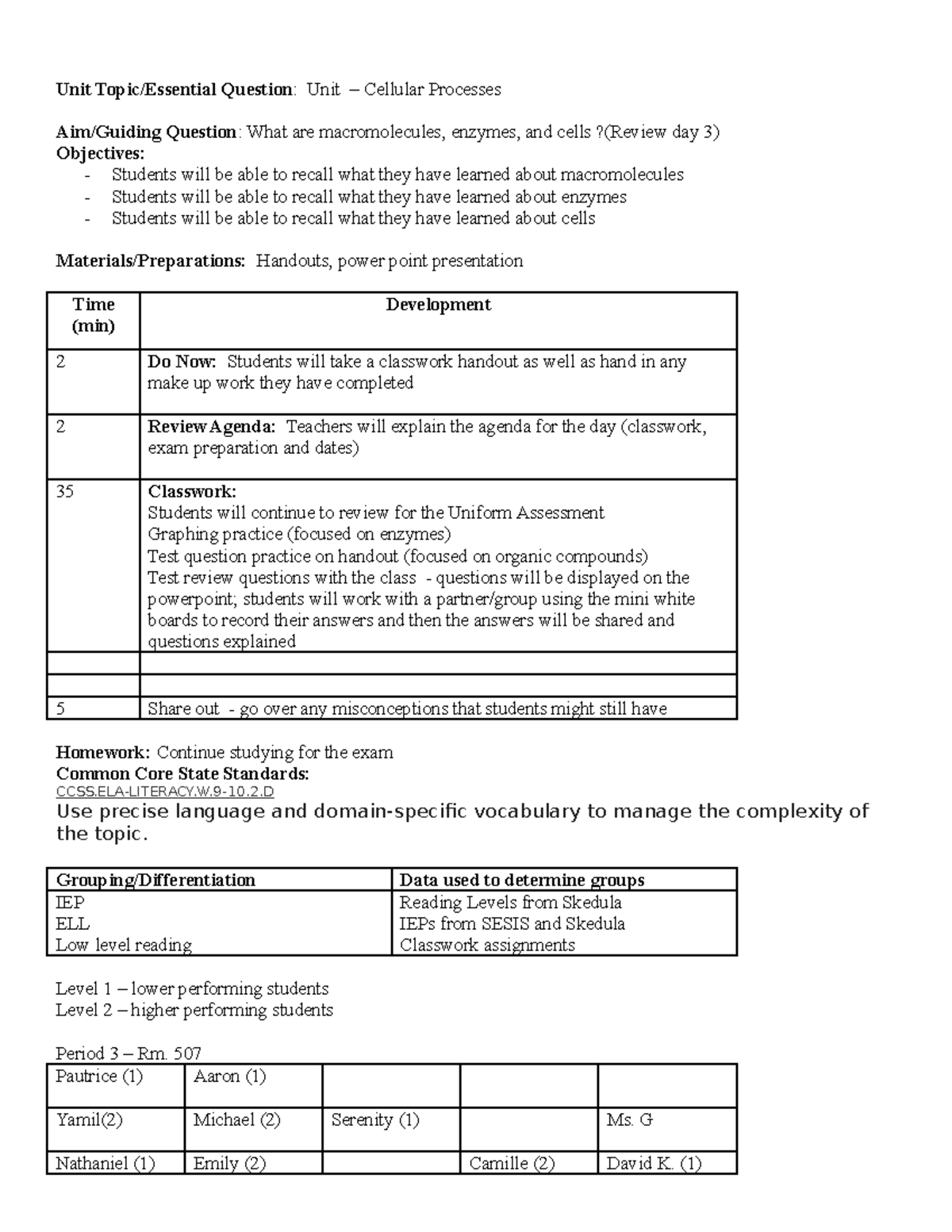 Lesson plan 11-20-19 - Unit Topic/Essential Question: Unit – Cellular ...