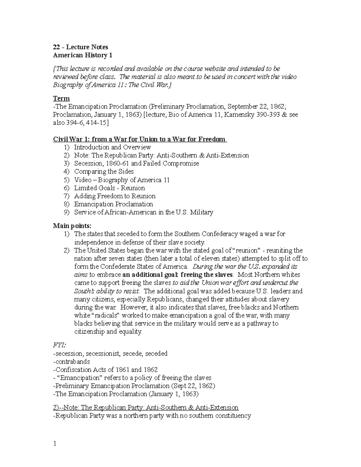 22 - Lec Note - Civil War 1 - 22 - Lecture Notes American History 1 ...
