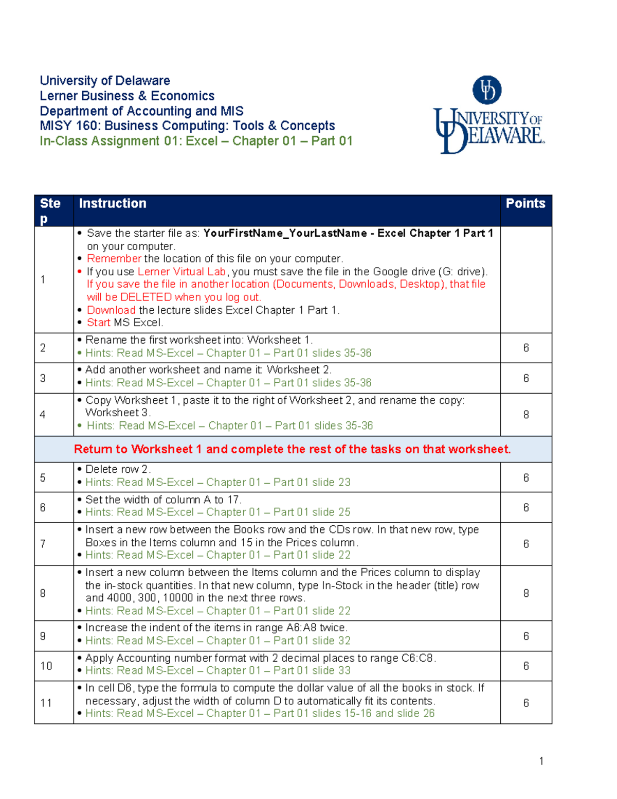 In-Class Assignment 01 Instructions - Excel -Chapter 01 - Part 1 ...
