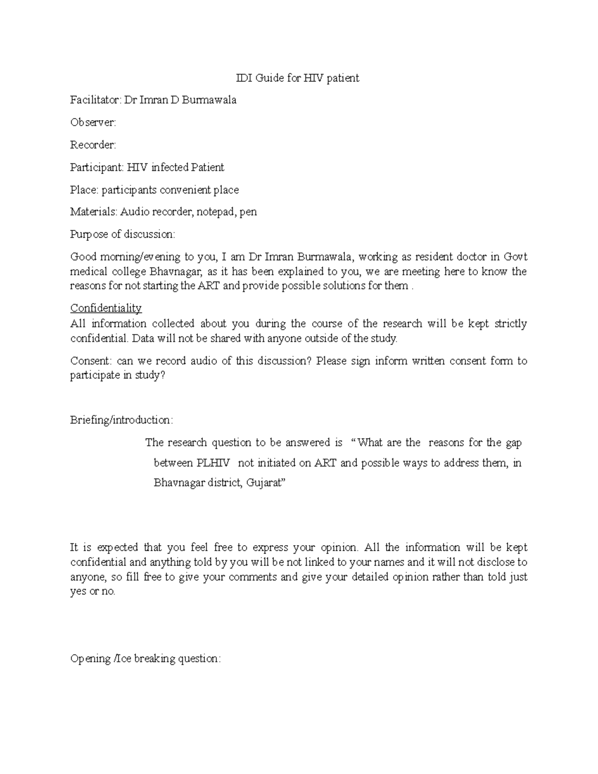 IDI Guide for HIV patient on ART - IDI Guide for HIV patient ...