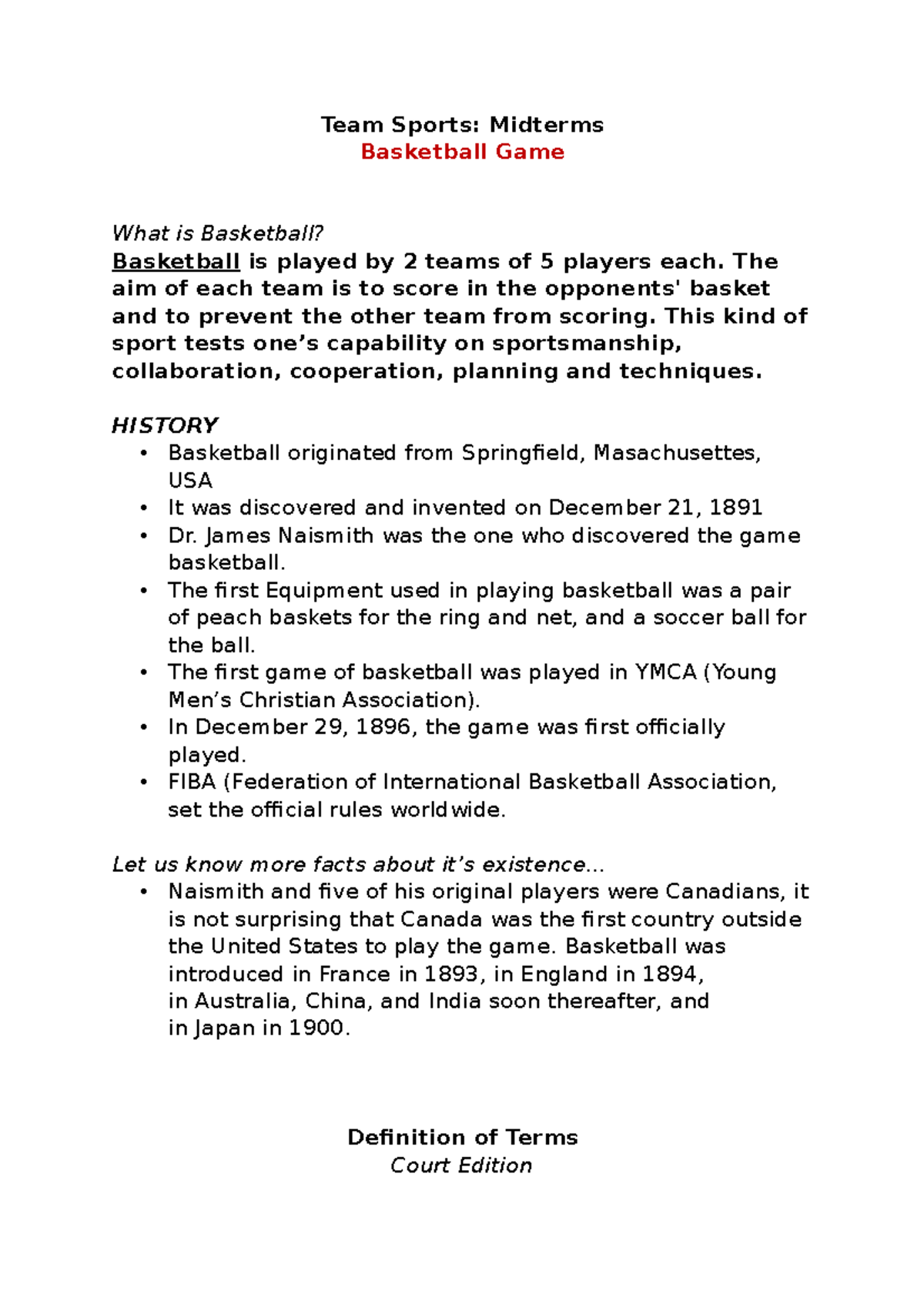 Team Sports Basketball GAME - Team Sports: Midterms Basketball Game ...