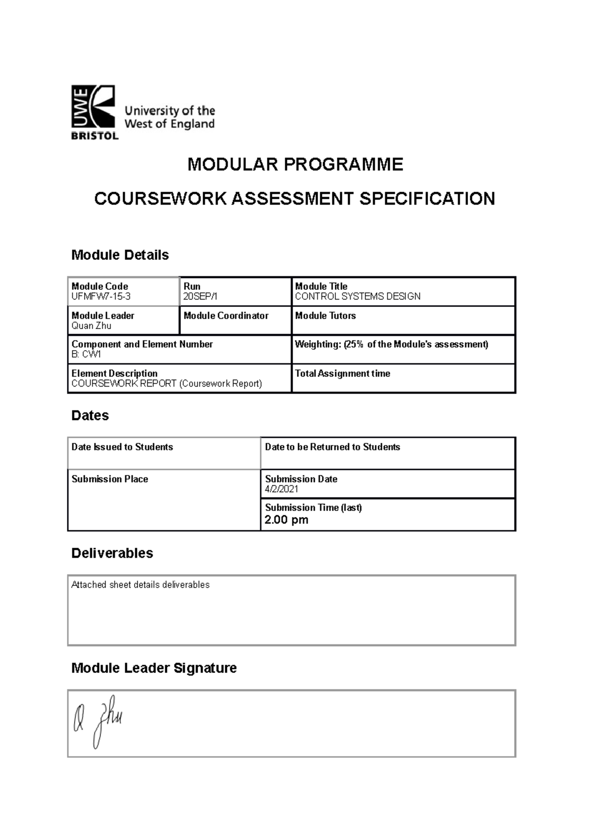 Control Assignment 20-21 - MODULAR PROGRAMME COURSEWORK ASSESSMENT ...
