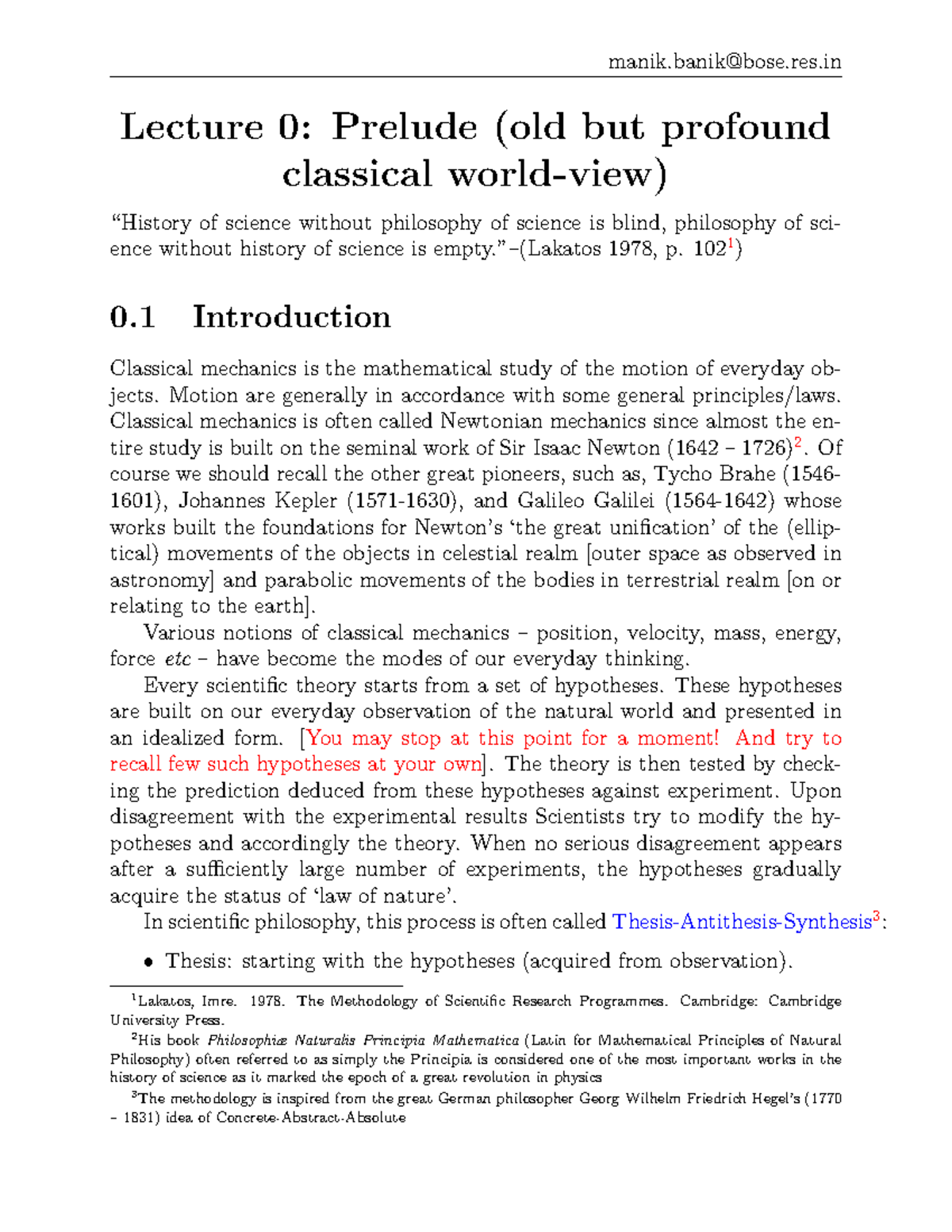 Note-1 - Lecture 0: Prelude (old but profound classical world-view ...