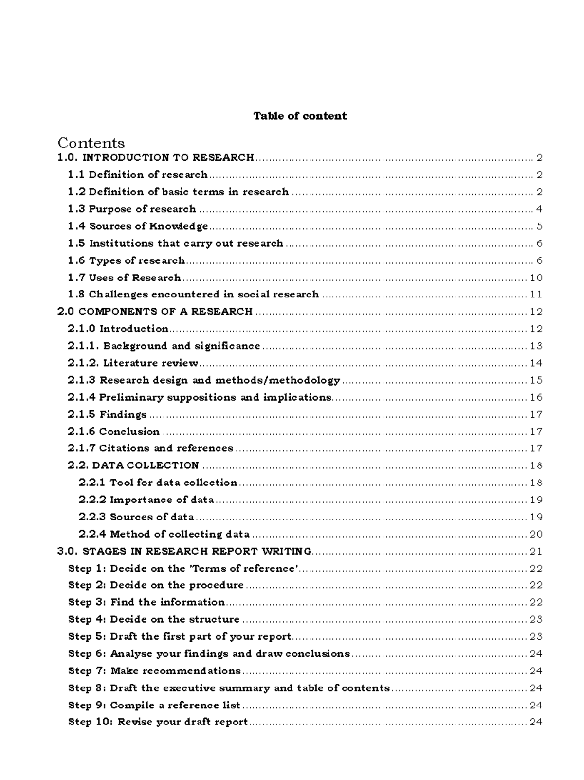 Introduction TO Research Theory - Table of content INTRODUCTION TO ...
