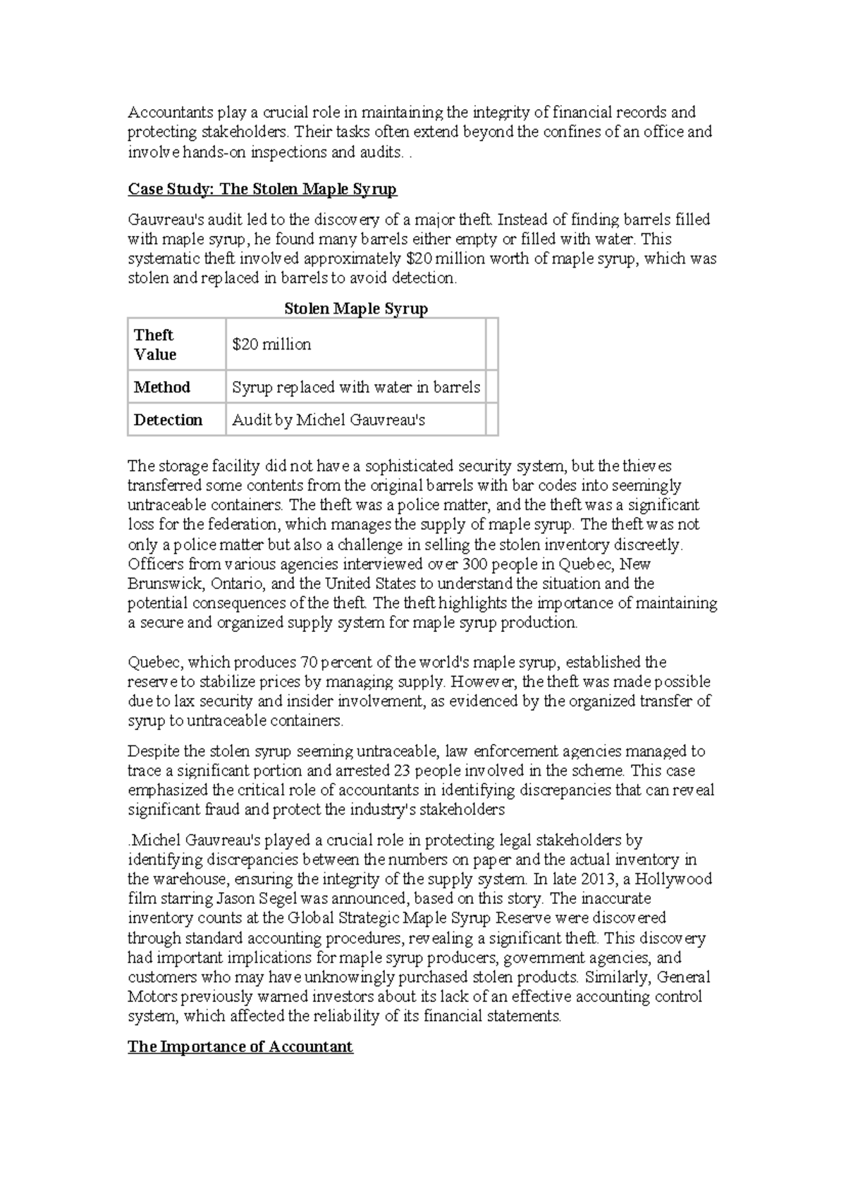 Case study stolen maple syrup - Accountants play a crucial role in ...