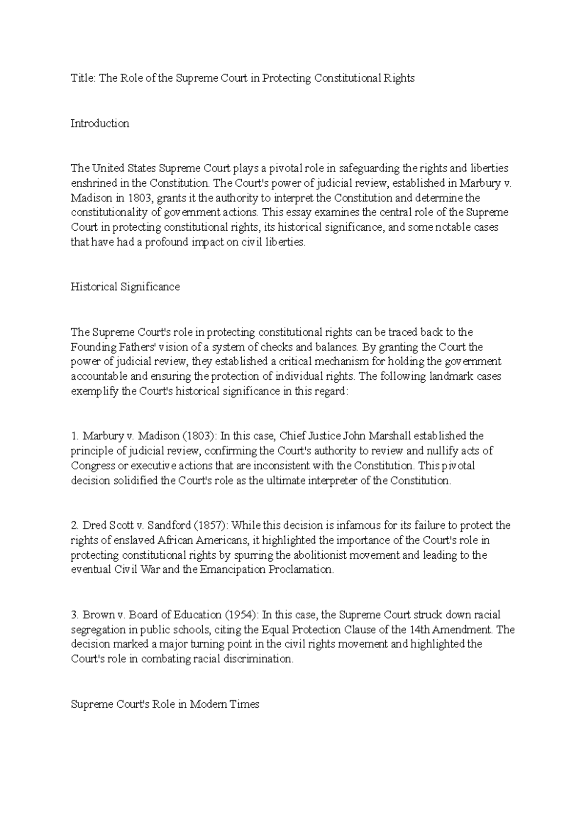 The role of the Supreme Court in protecting constitutional rights ...