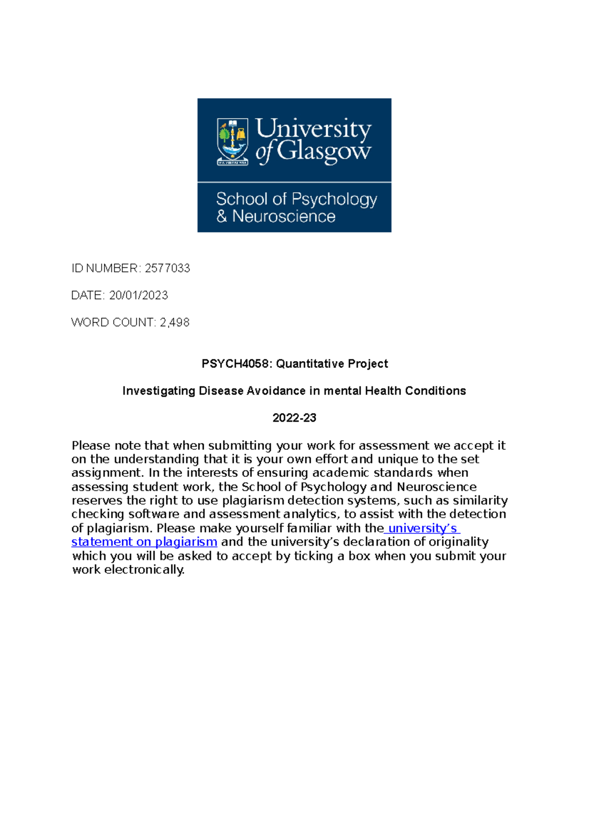 L3H Quant Project 2577033 - ID NUMBER: 2577033 DATE: 20/01/ WORD COUNT ...