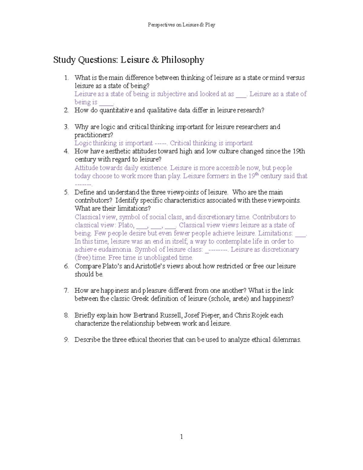 2Study Q - Leisure & Philosophy - Perspectives on Leisure & Play Study ...