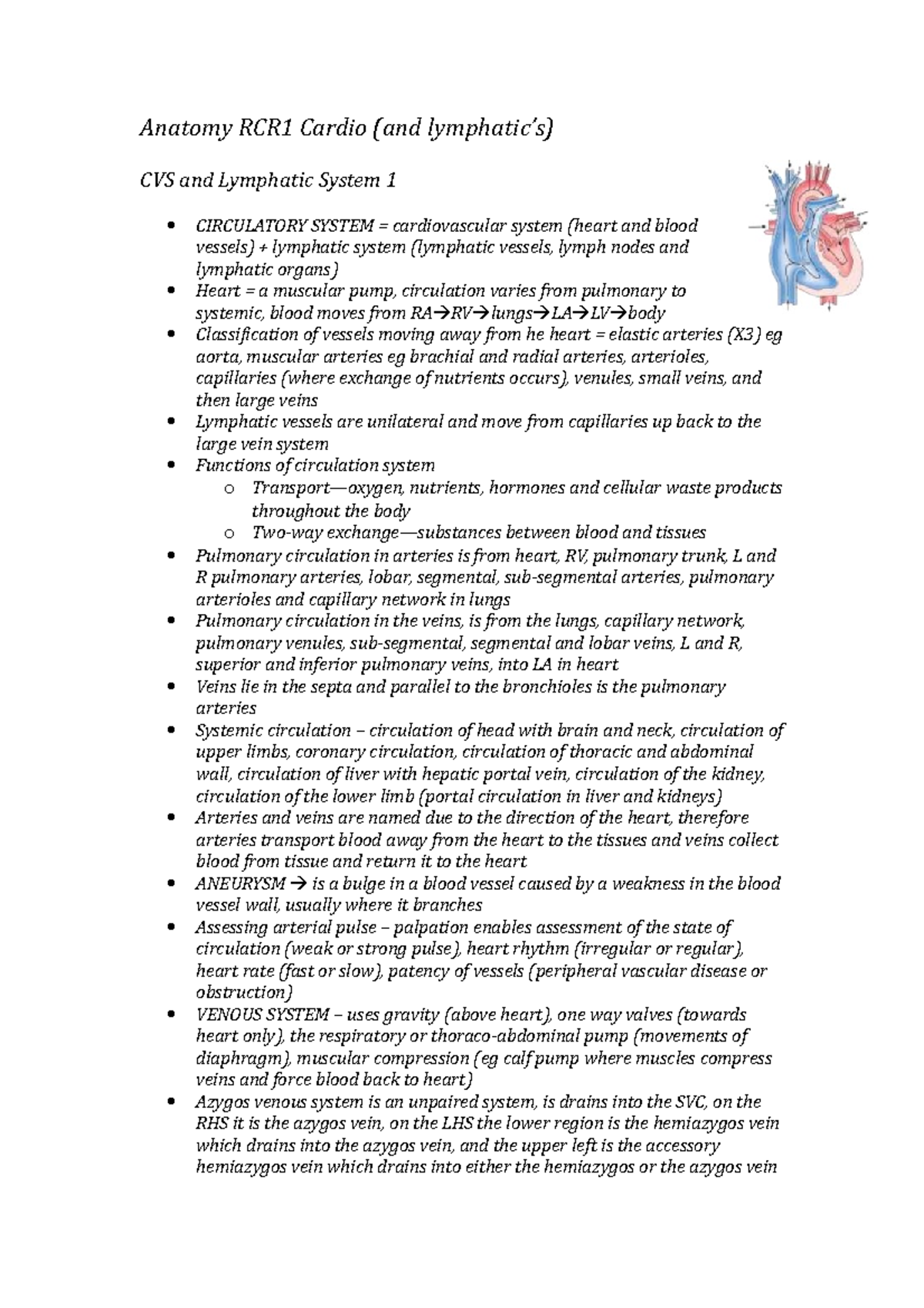 Anatomy RCR1 Cardio - Lecture notes Year 1 - Anatomy RCR1 Cardio (and ...