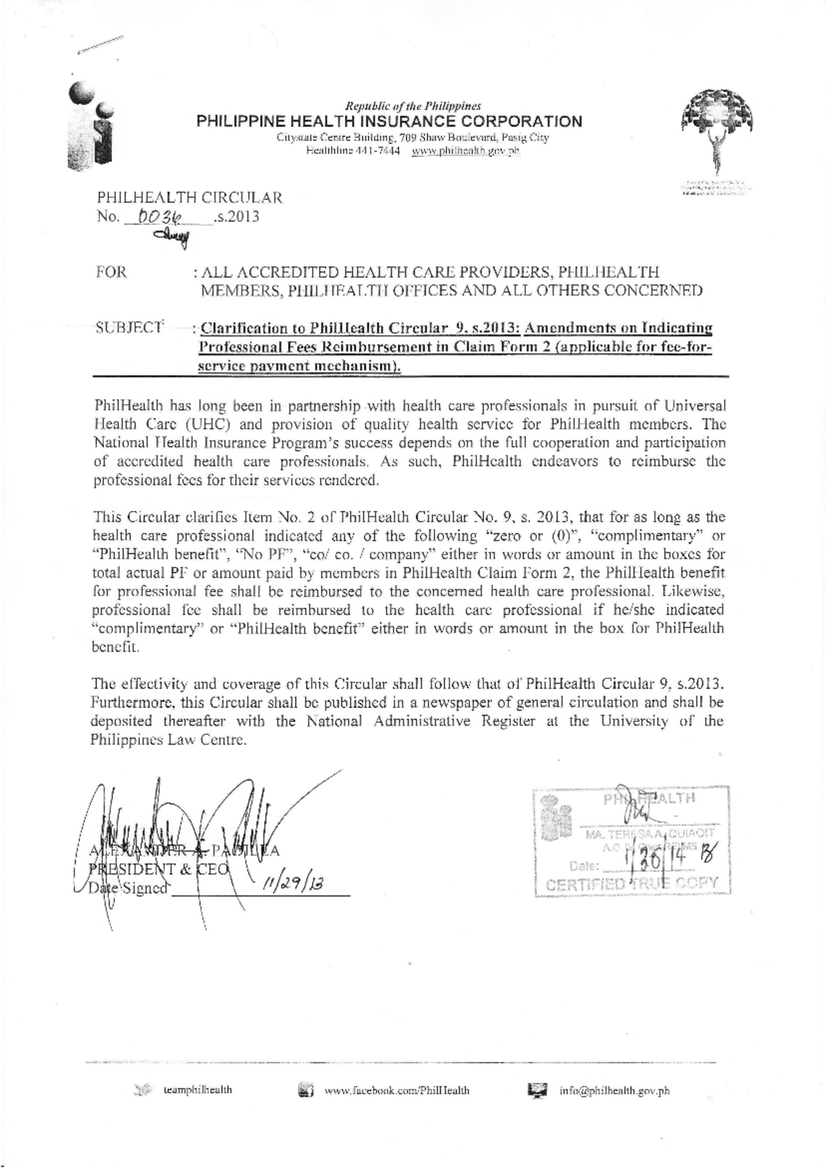Philheal TH Circular 2013 036 - Republic of the Philippines PHILIPPINE ...