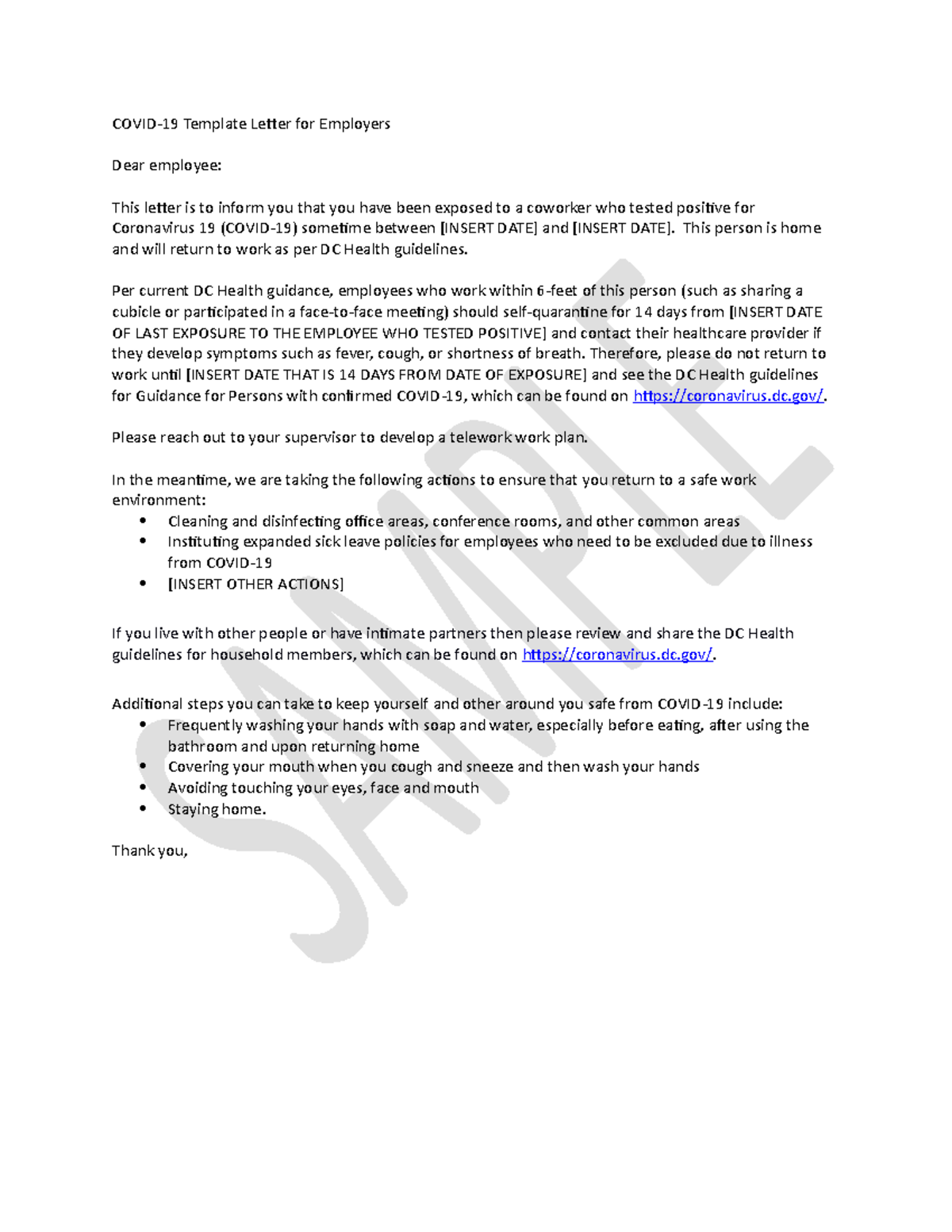 Covid-19 DC Health Sample Letter for Employee who was Exposed - COVID ...