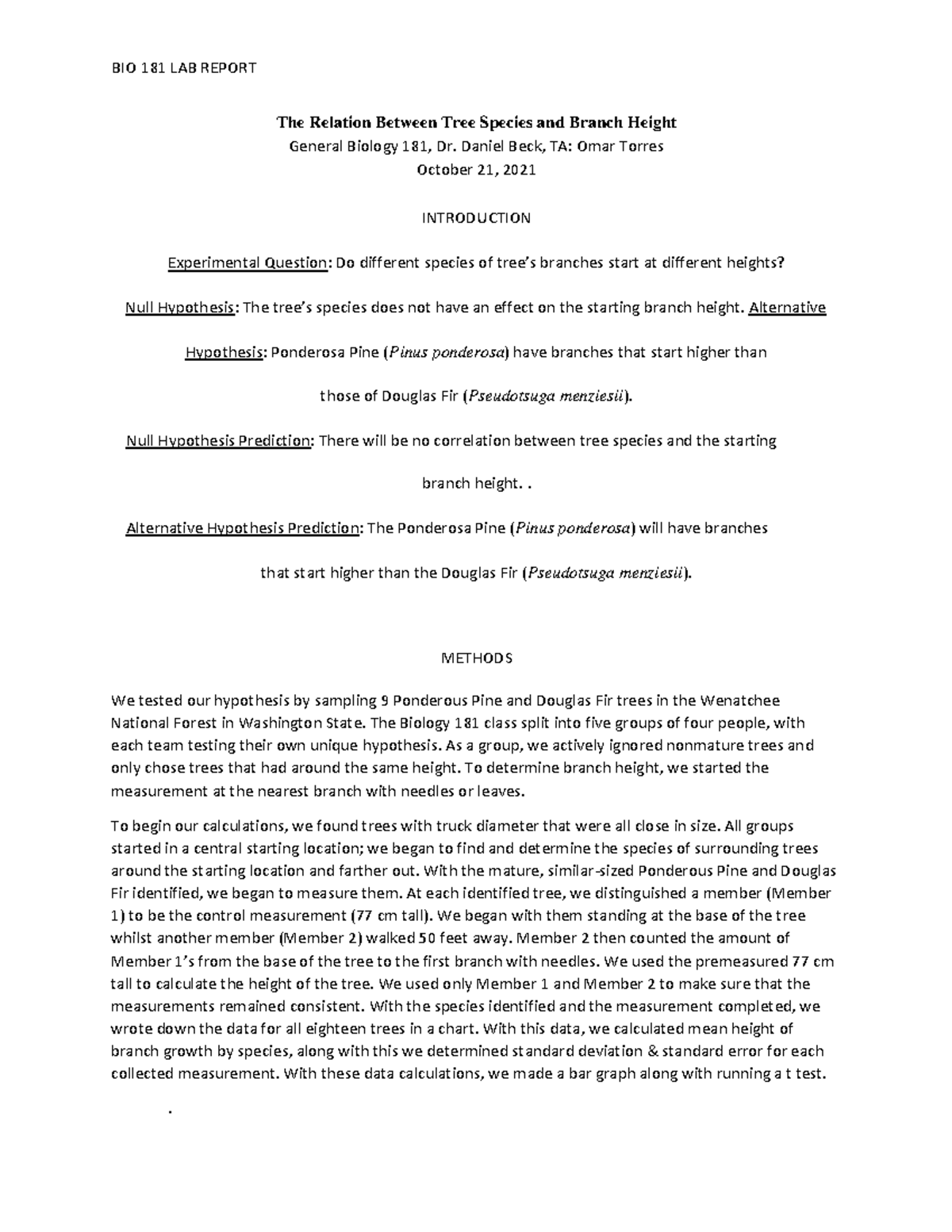 Nature Lab Report Daniel Beck Biology 181 - BIOL 181 - CWU - Studocu