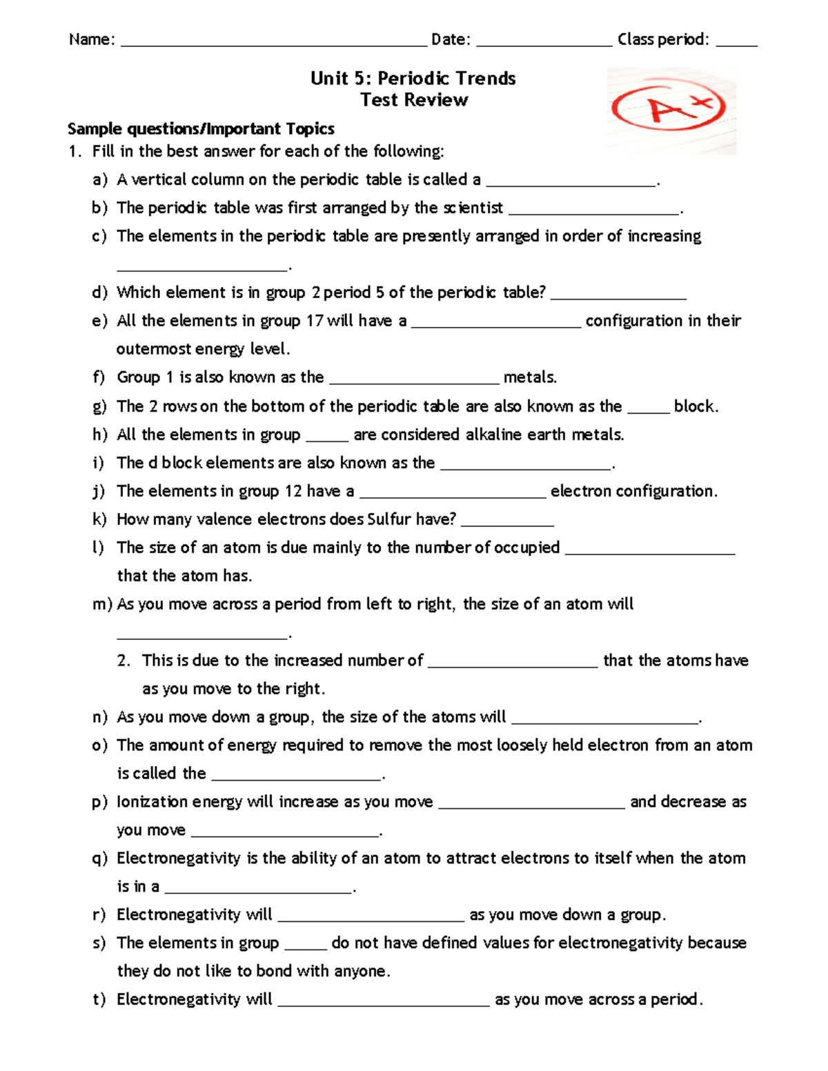 Denico Knight - Periodic Trends Quiz Review - Name ...
