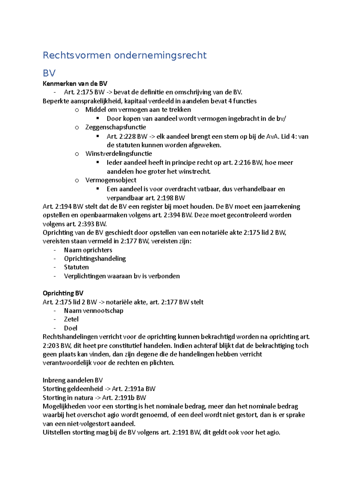 Rechtsvormen ondernemingsrecht 2022 - UvA - Studeersnel