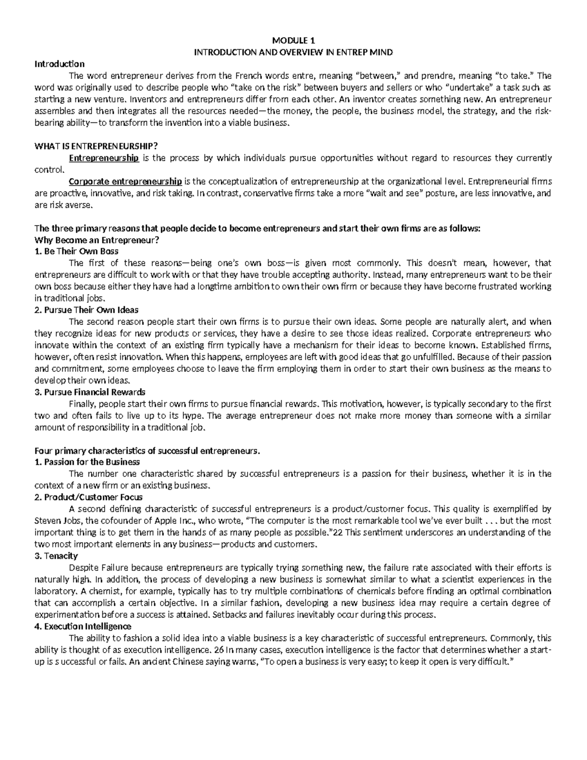 Entrep MIND Prelims - Summary BS in ACCOUNTANCY - MODULE 1 INTRODUCTION ...