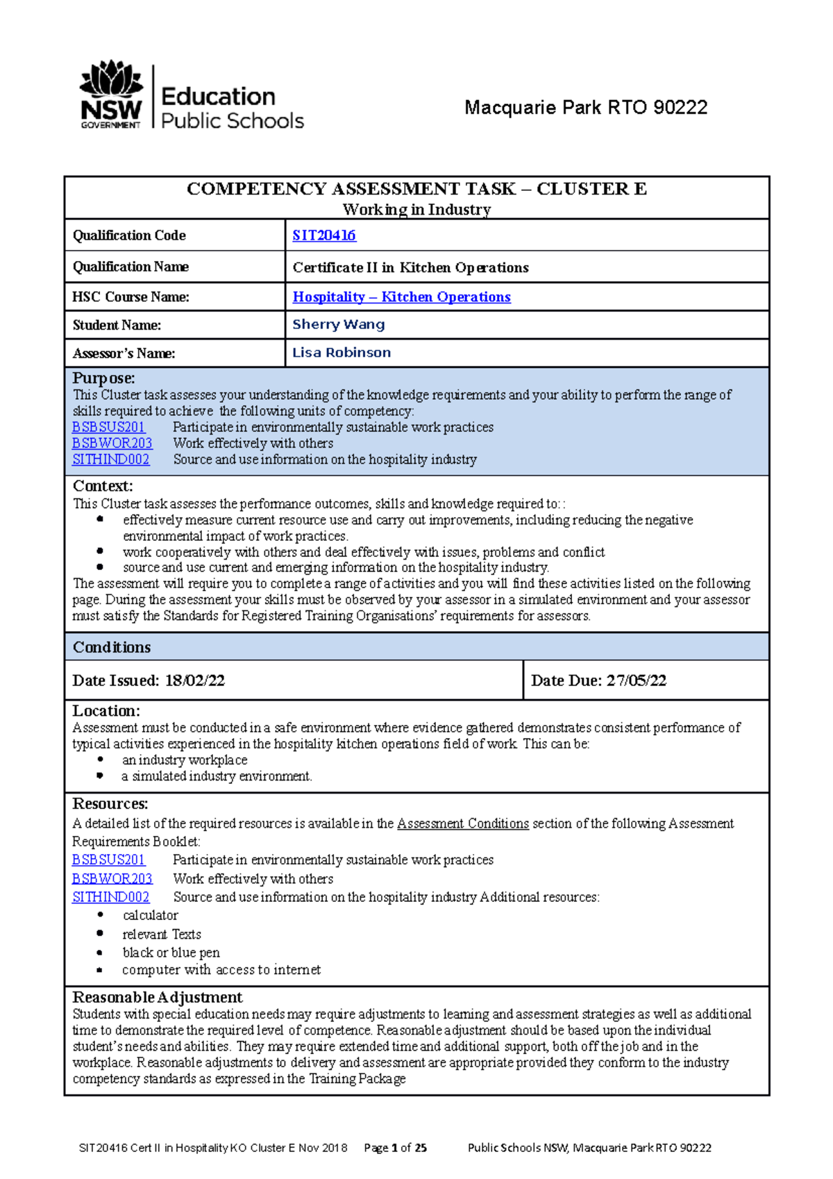 Cluster E Work Effectively with others Task - COMPETENCY ASSESSMENT ...
