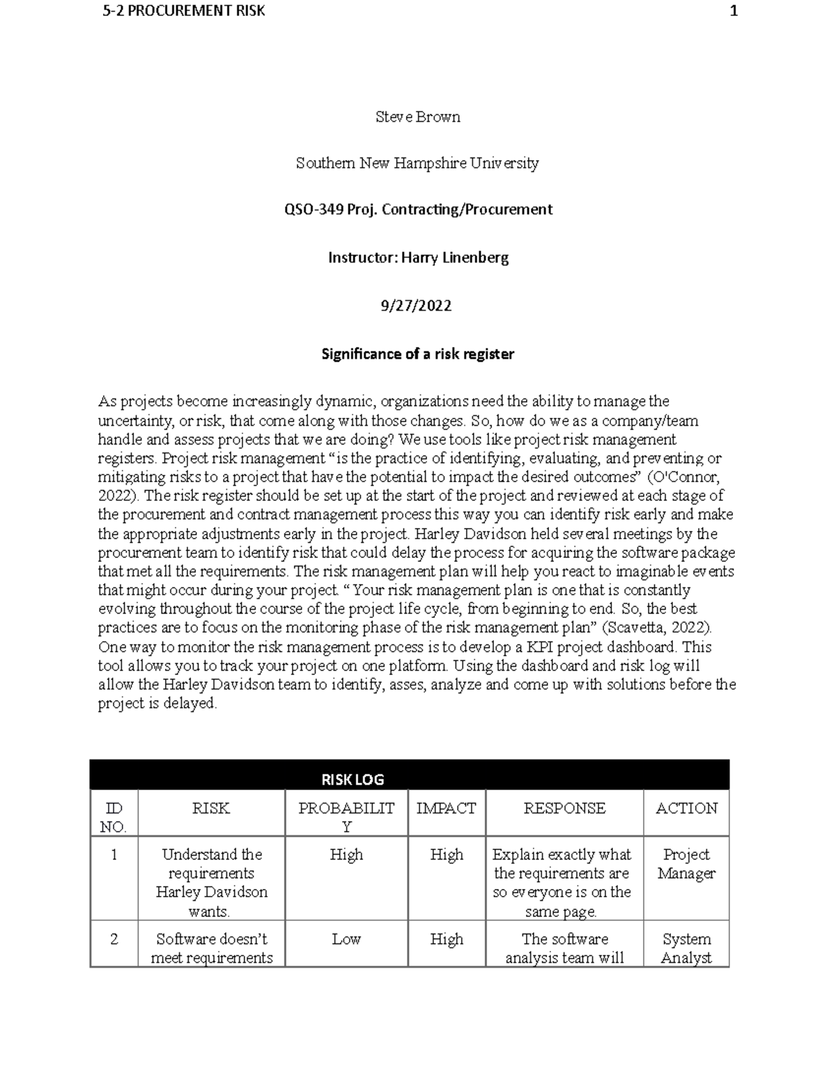 QSO-349 Procurement RISK - 5-2 PROCUREMENT RISK 1 Steve Brown Southern ...