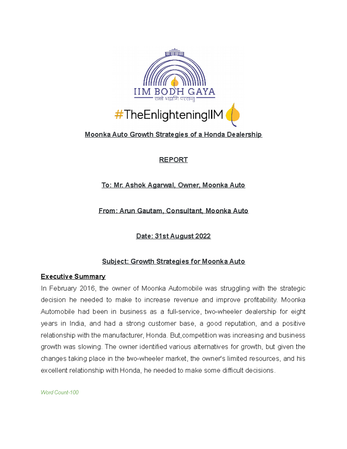 Moonka Case study - Moonka Auto Growth Strategies of a Honda Dealership ...