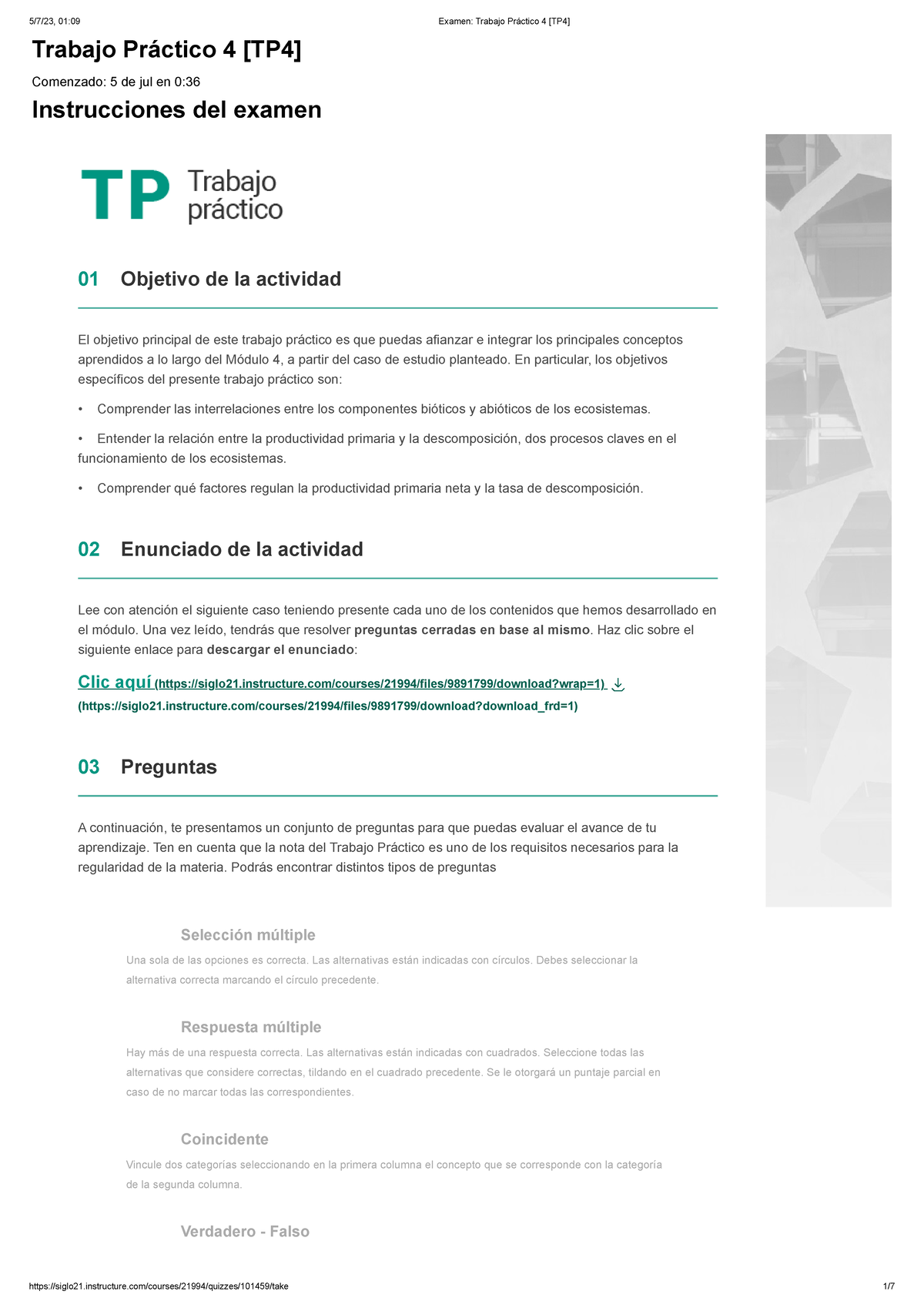 92,5% Examen Trabajo Práctico 4 [TP4] - Trabajo Práctico 4 [TP4] Comenzado: 5 de jul en 0: - Studocu