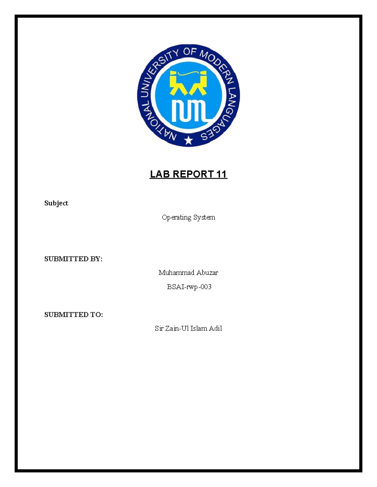 OS Lab 11 - Os lab 11 - LAB REPORT 11 Subject Operating System ...