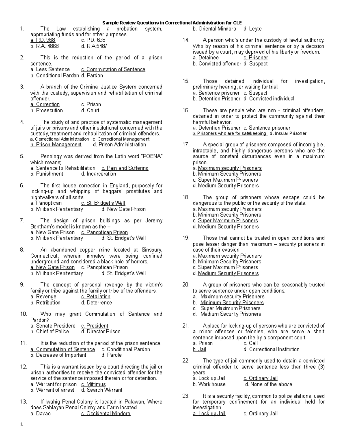 Correction sample Q - Questions - The Law establishing a probation ...