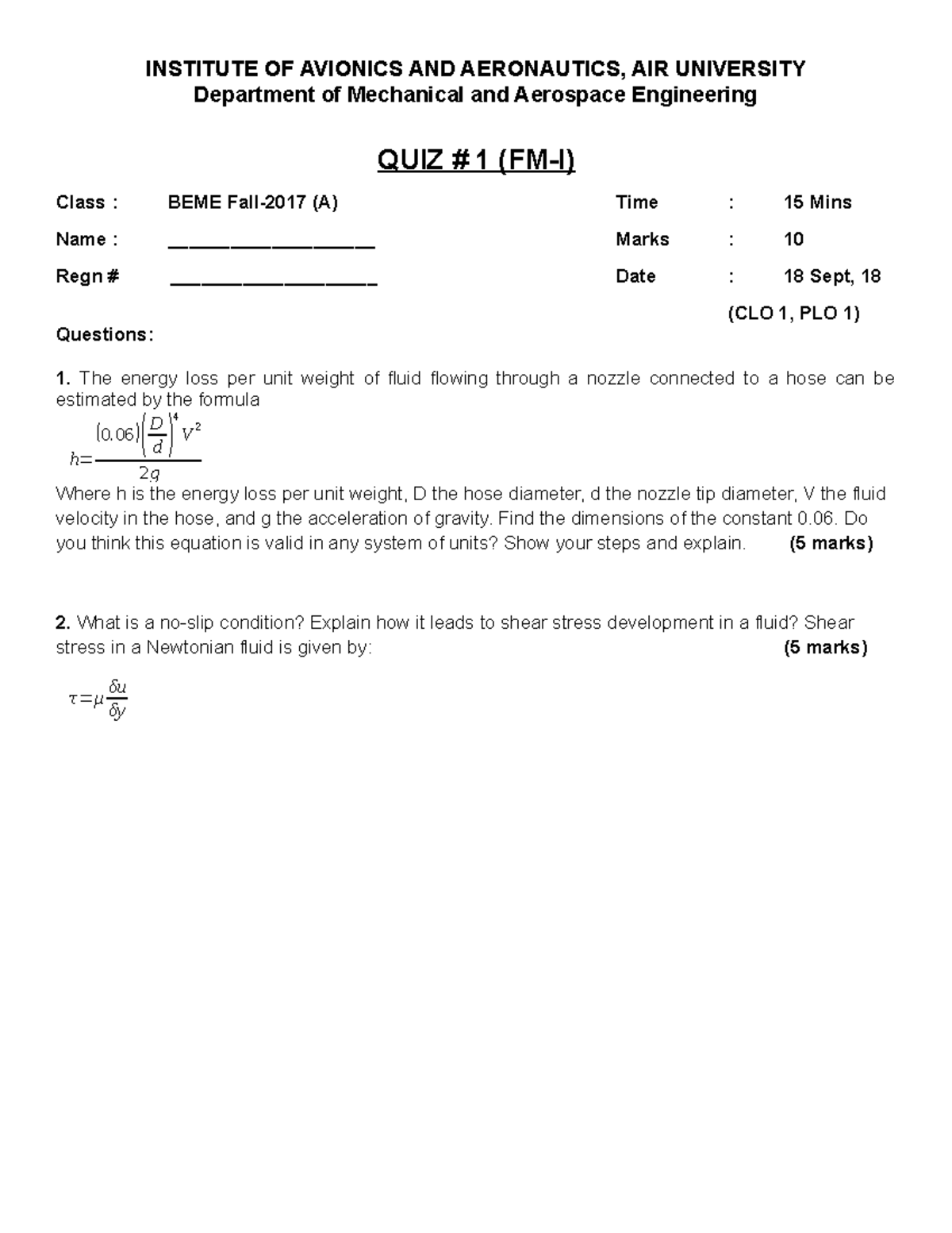 QUIZ 1 - Quiz - INSTITUTE OF AVIONICS AND AERONAUTICS, AIR UNIVERSITY ...