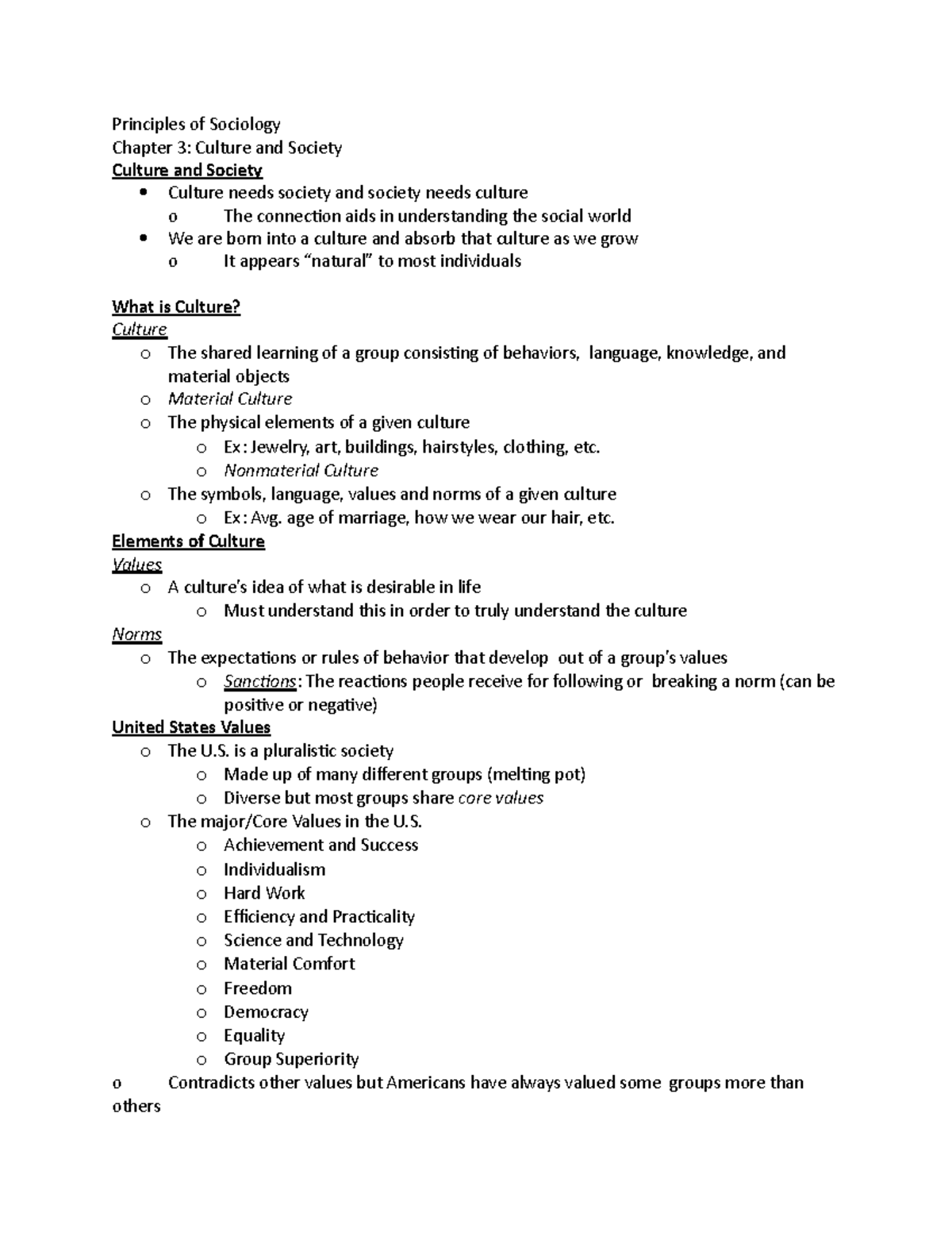 Principles of Sociology Chapter 3 - o Nonmaterial Culture o The symbols ...